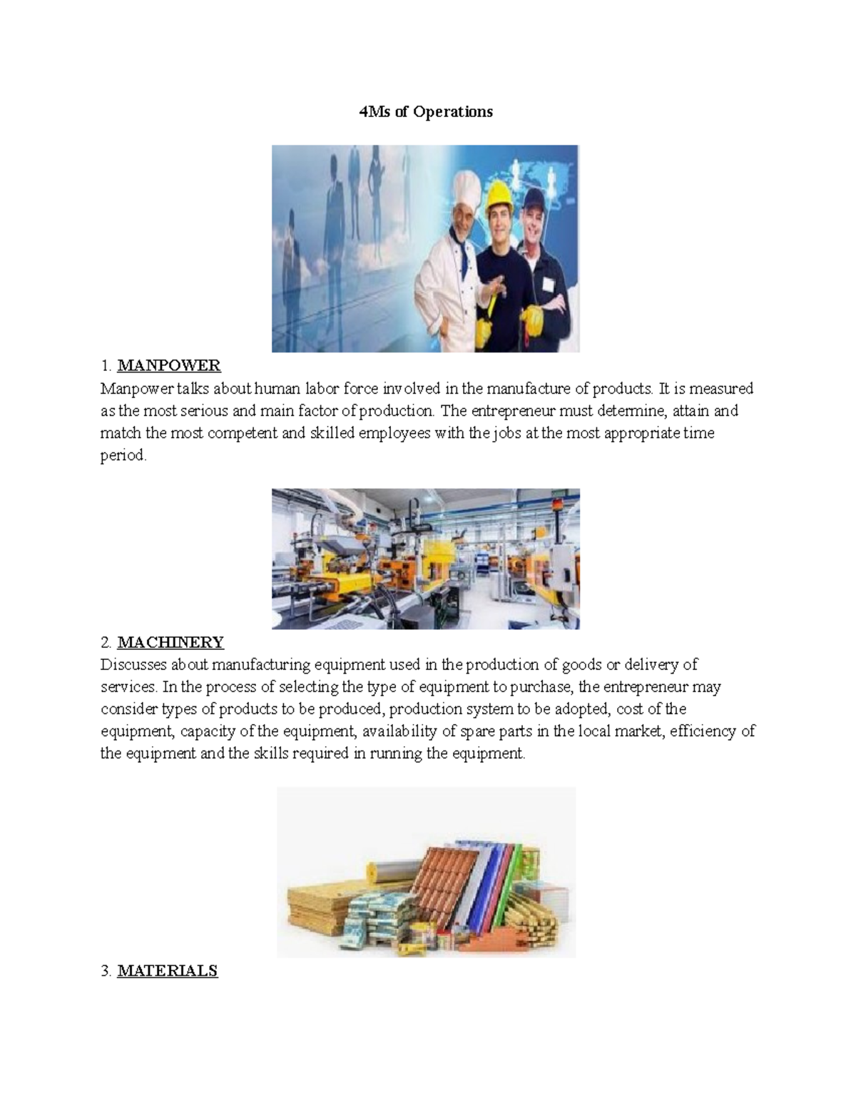 4Ms Of Operations Manpower Method Machinery Materials Special
