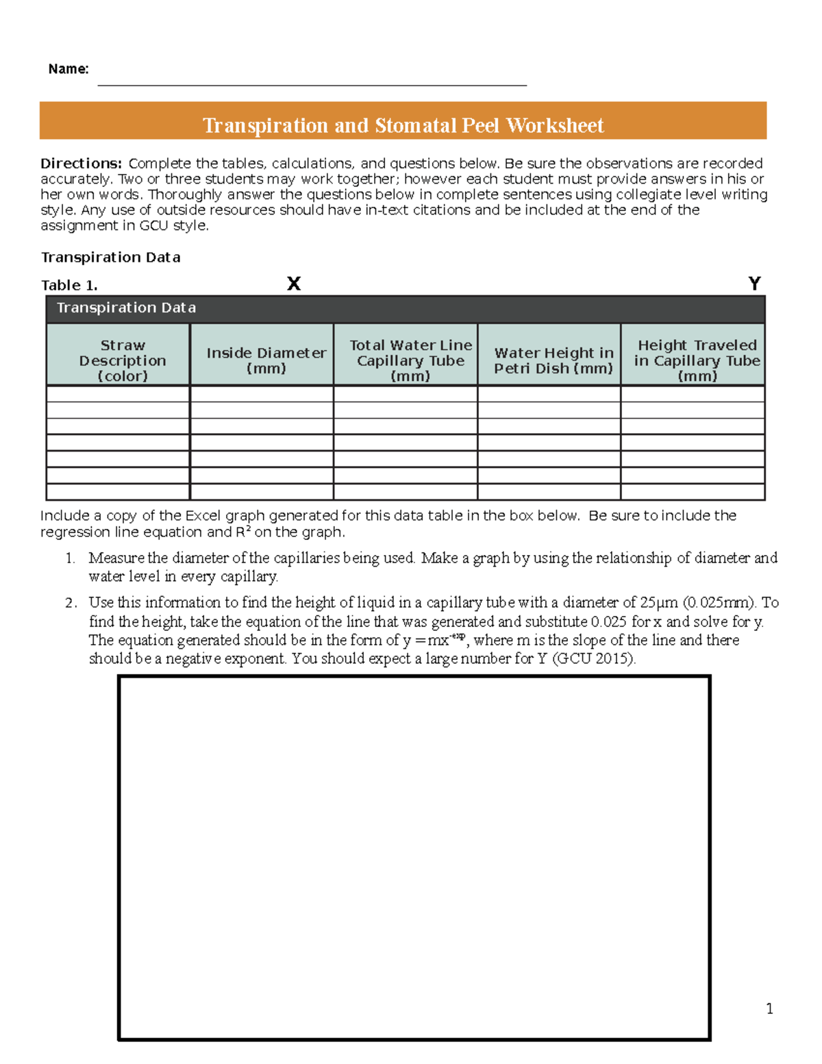 Bio182-05 - worksheet - Directions: Complete the tables, calculations ...