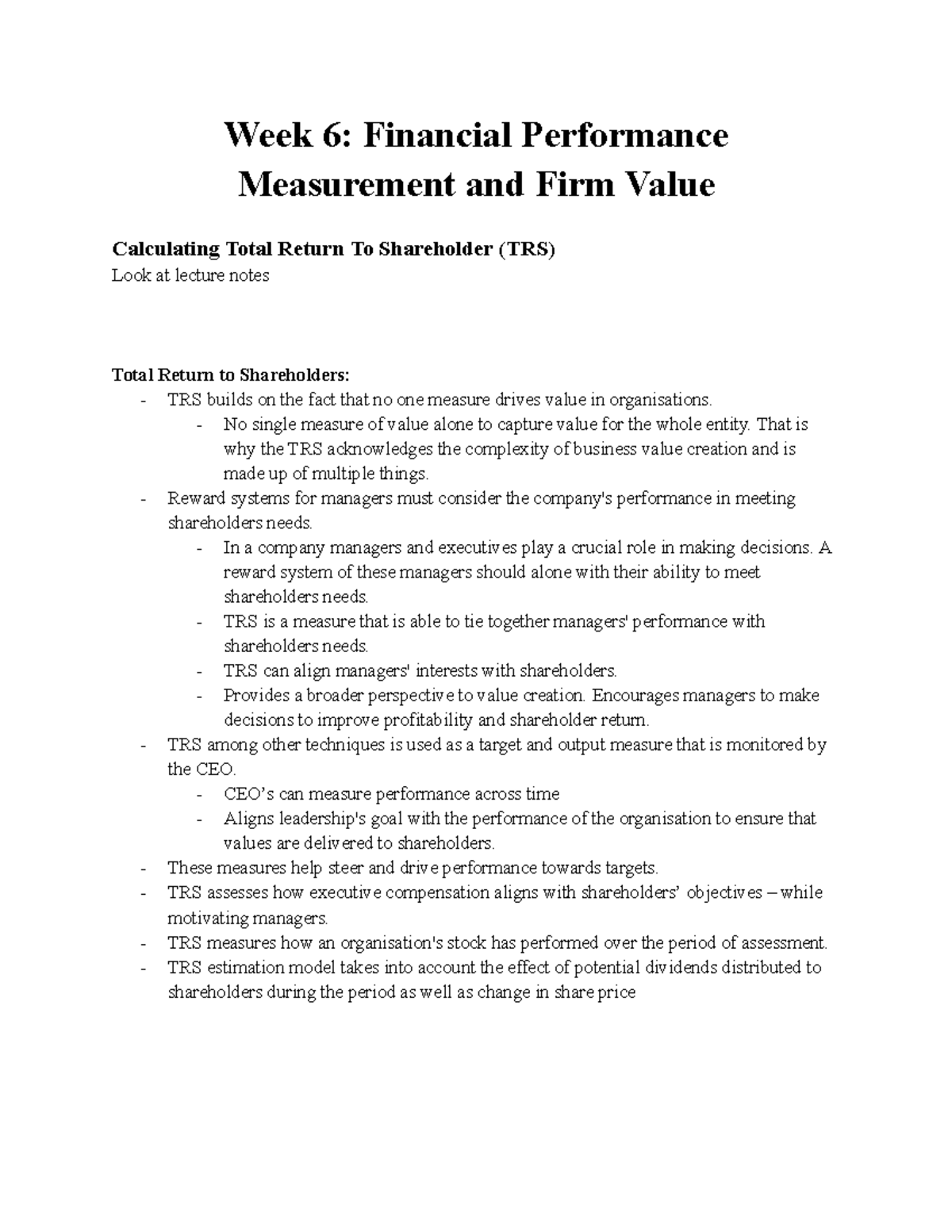 Week 6 Financial Performance and firm value - Week 6: Financial ...