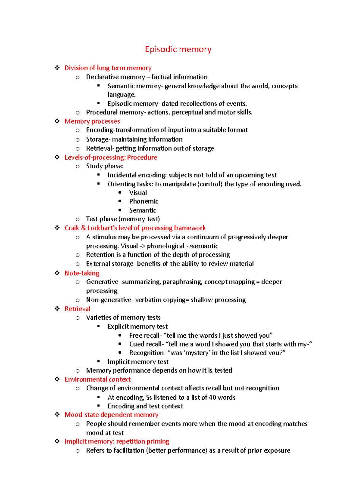 Episodic memory - Lecture notes 5 - Episodic memory Division of long ...
