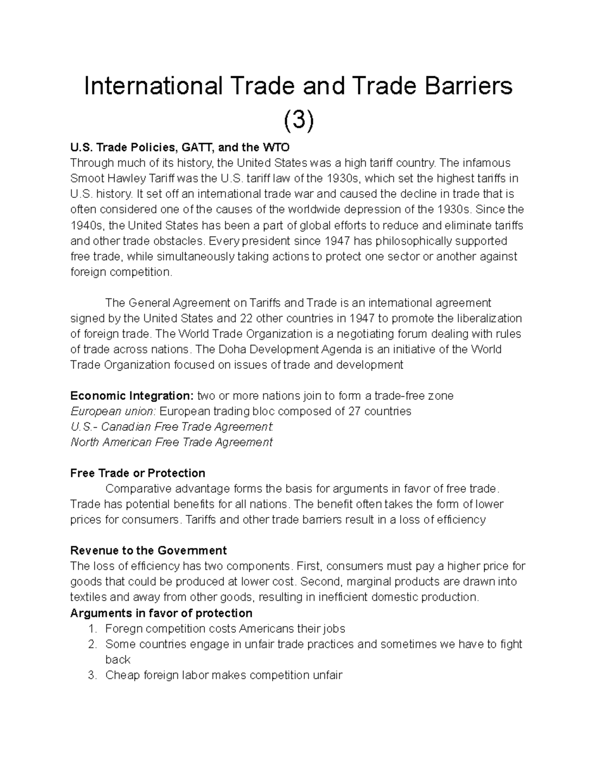 International Trade and Trade Barriers - Trade Policies, GATT, and the ...
