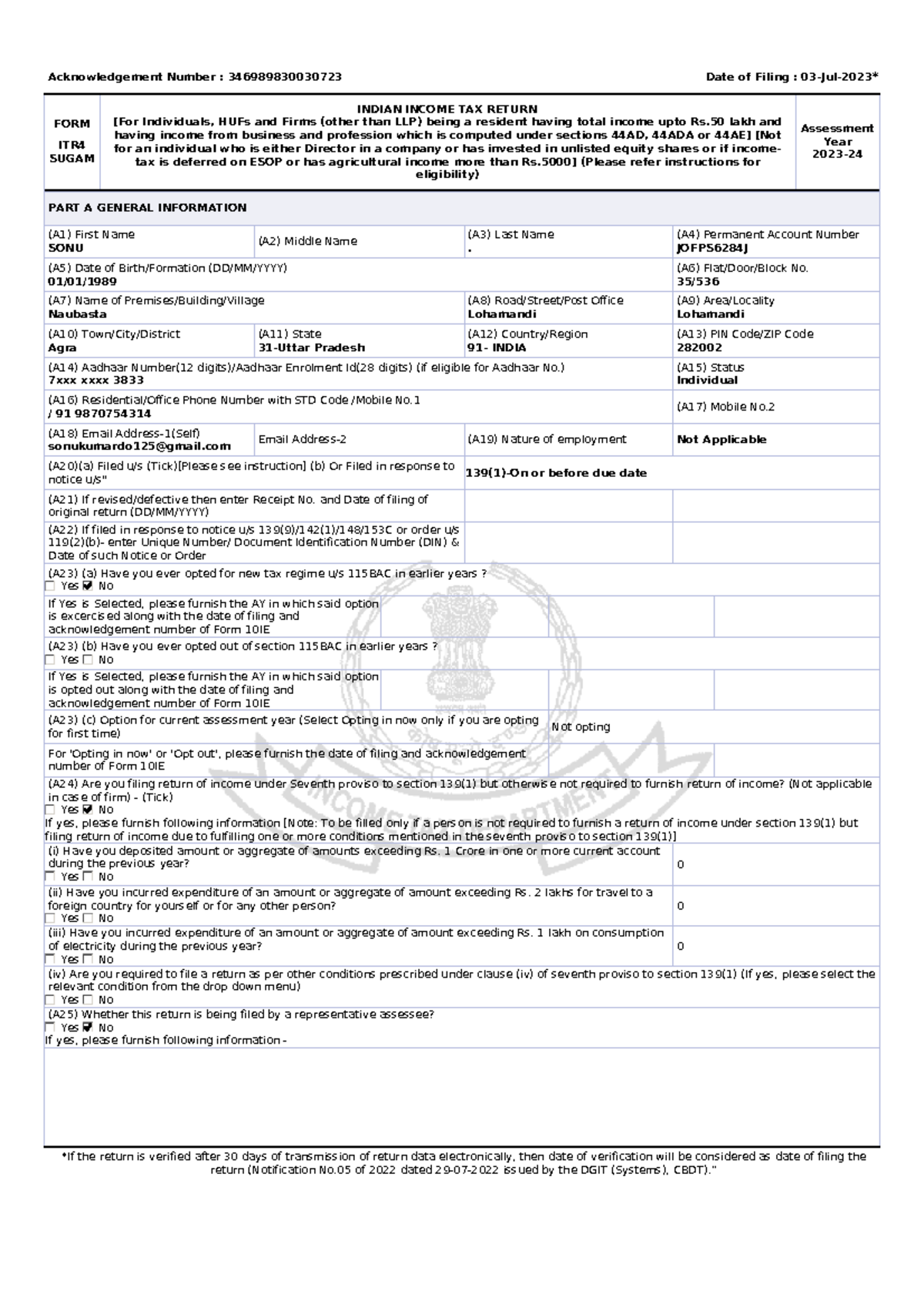 Form pdf 346989830030723 - FORM ITR SUGAM INDIAN INCOME TAX RETURN [For ...