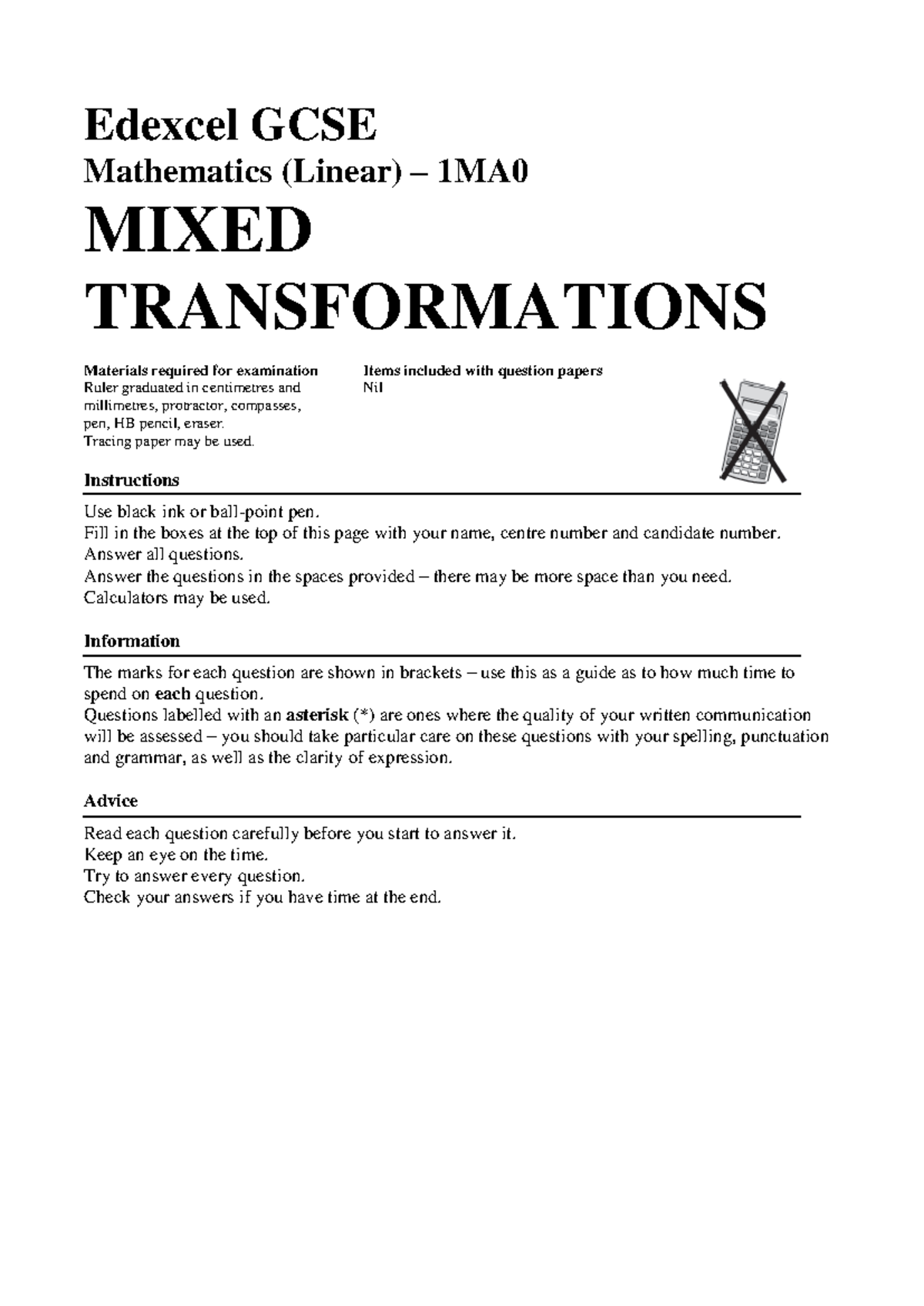 Transformations questions - Edexcel GCSE Mathematics (Linear) – 1MA ...