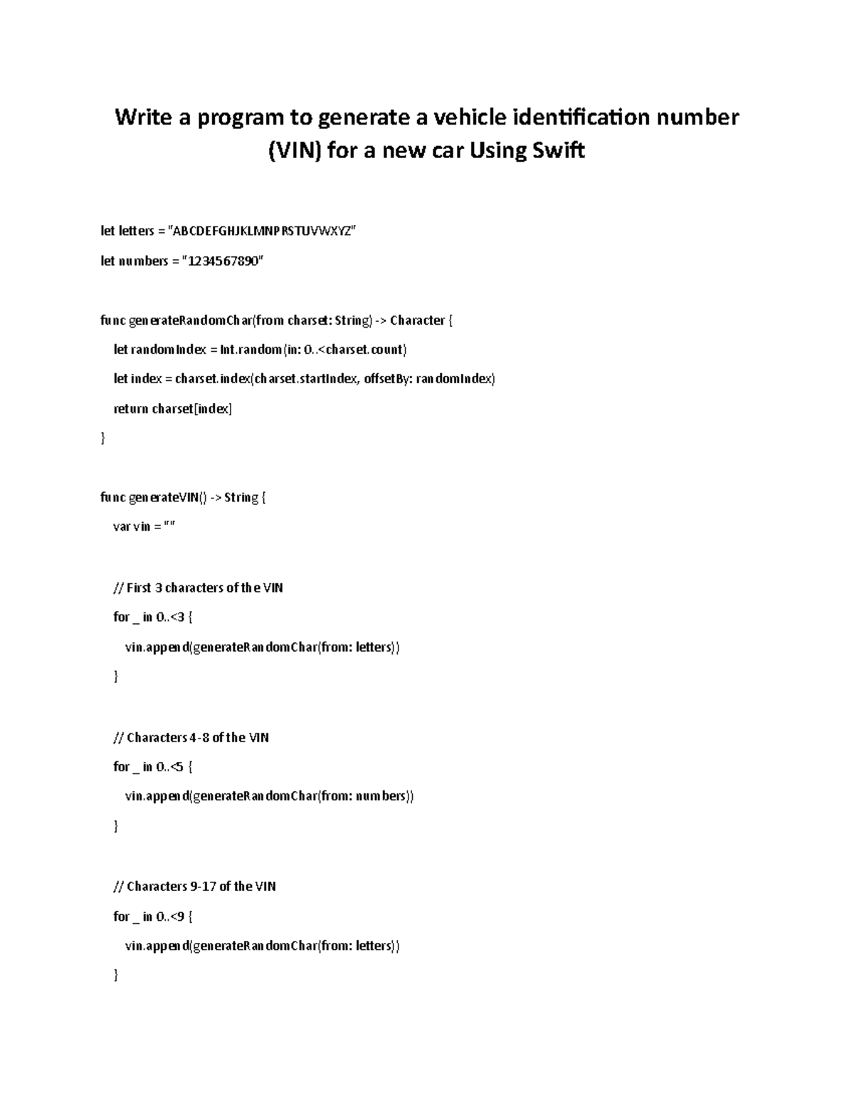 Using Swift Write A Program To Generate A Vehicle Identification Number Vin For A New