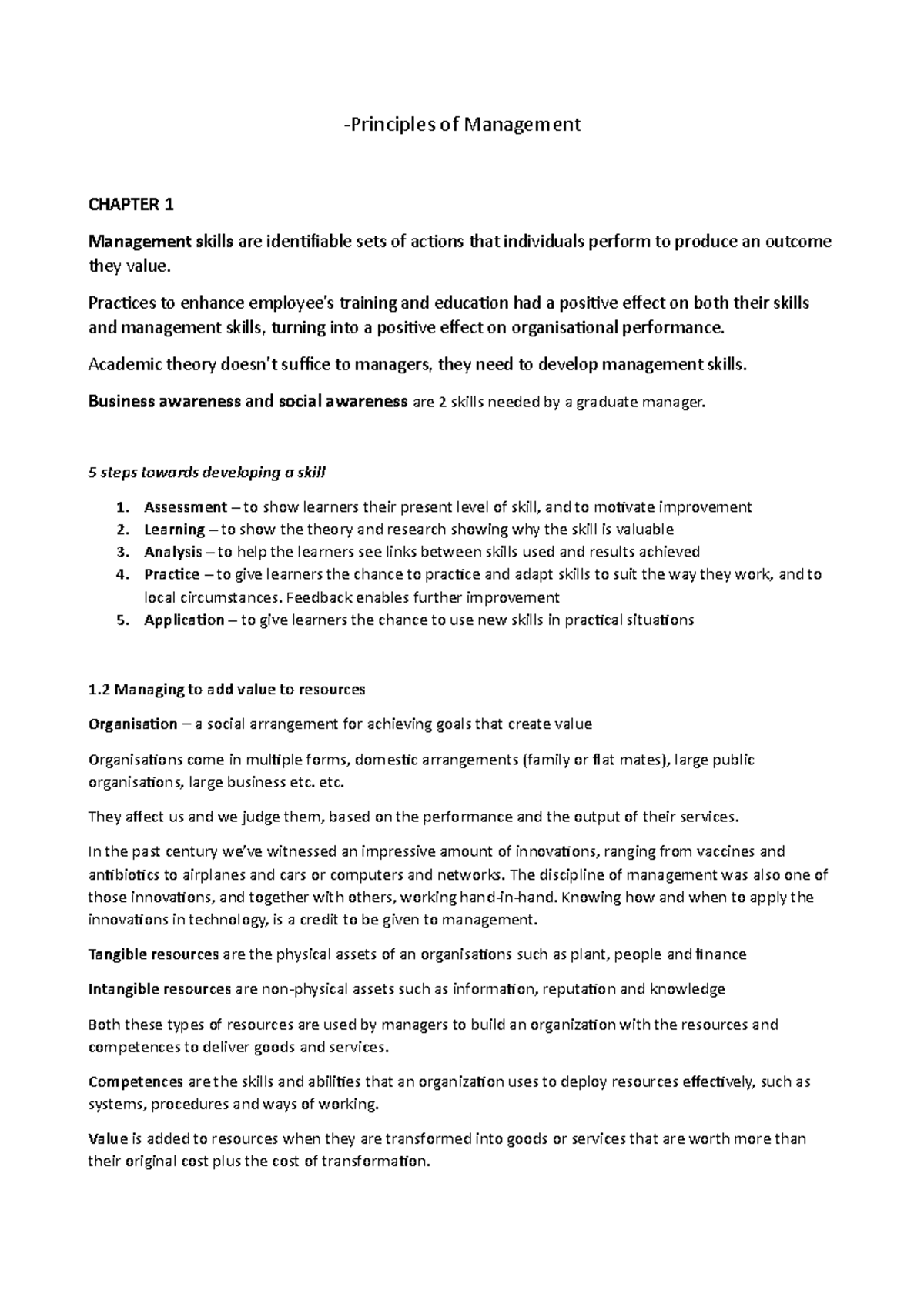 Principles of Management( Chapters 1-7) - of Management CHAPTER 1 ...