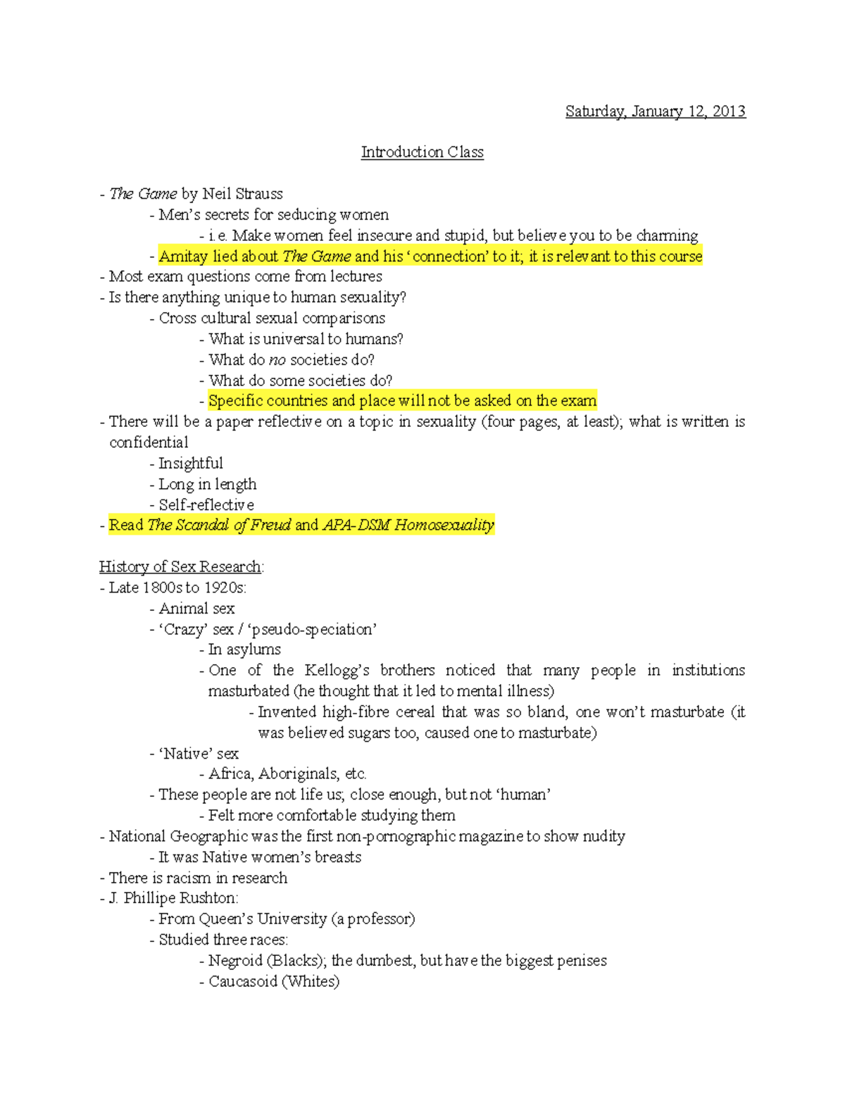 Psychology Of Human Sexuality Lecture Notes January 12 2013