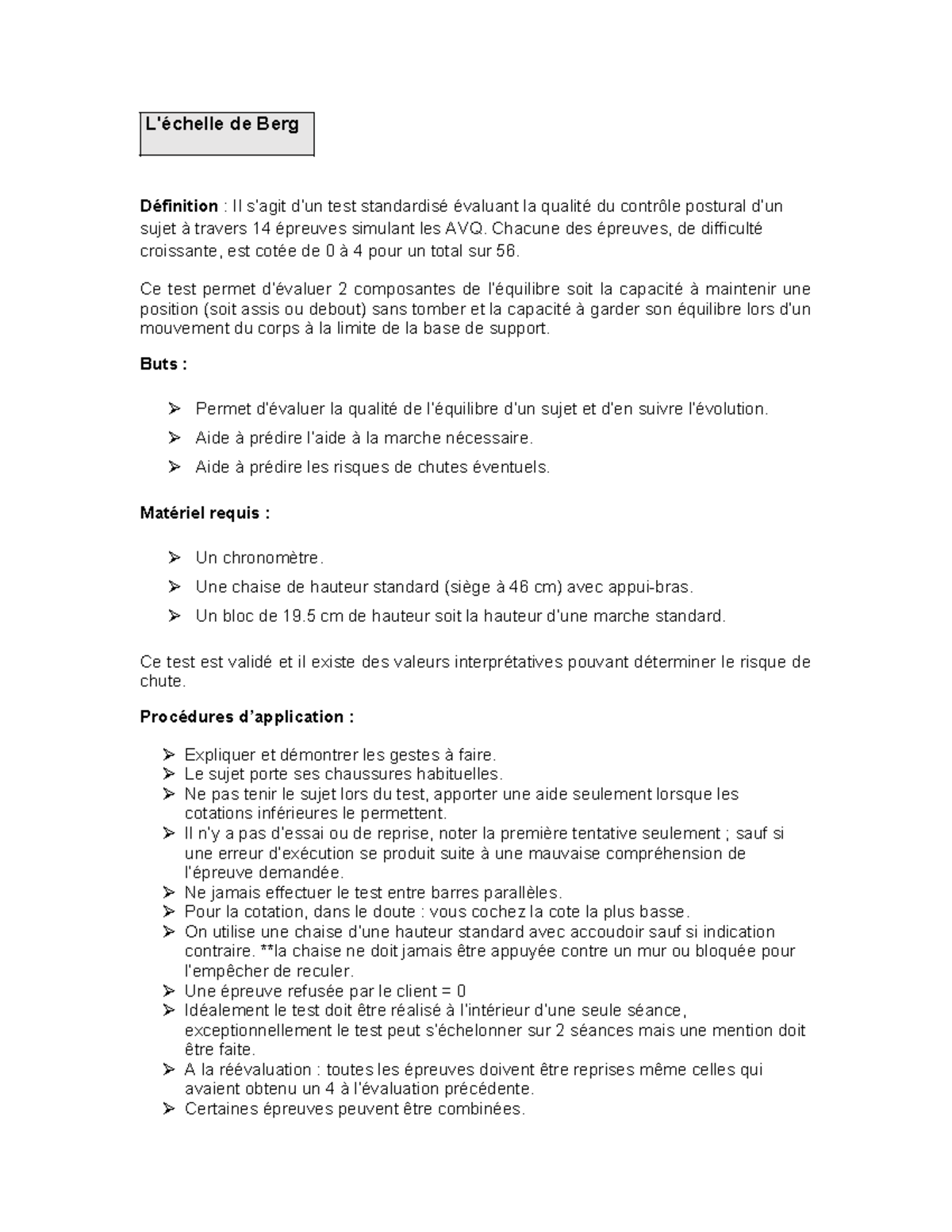 Le BERG - BERG - L'échelle de Berg Définition : Il s’agit d’un test ...