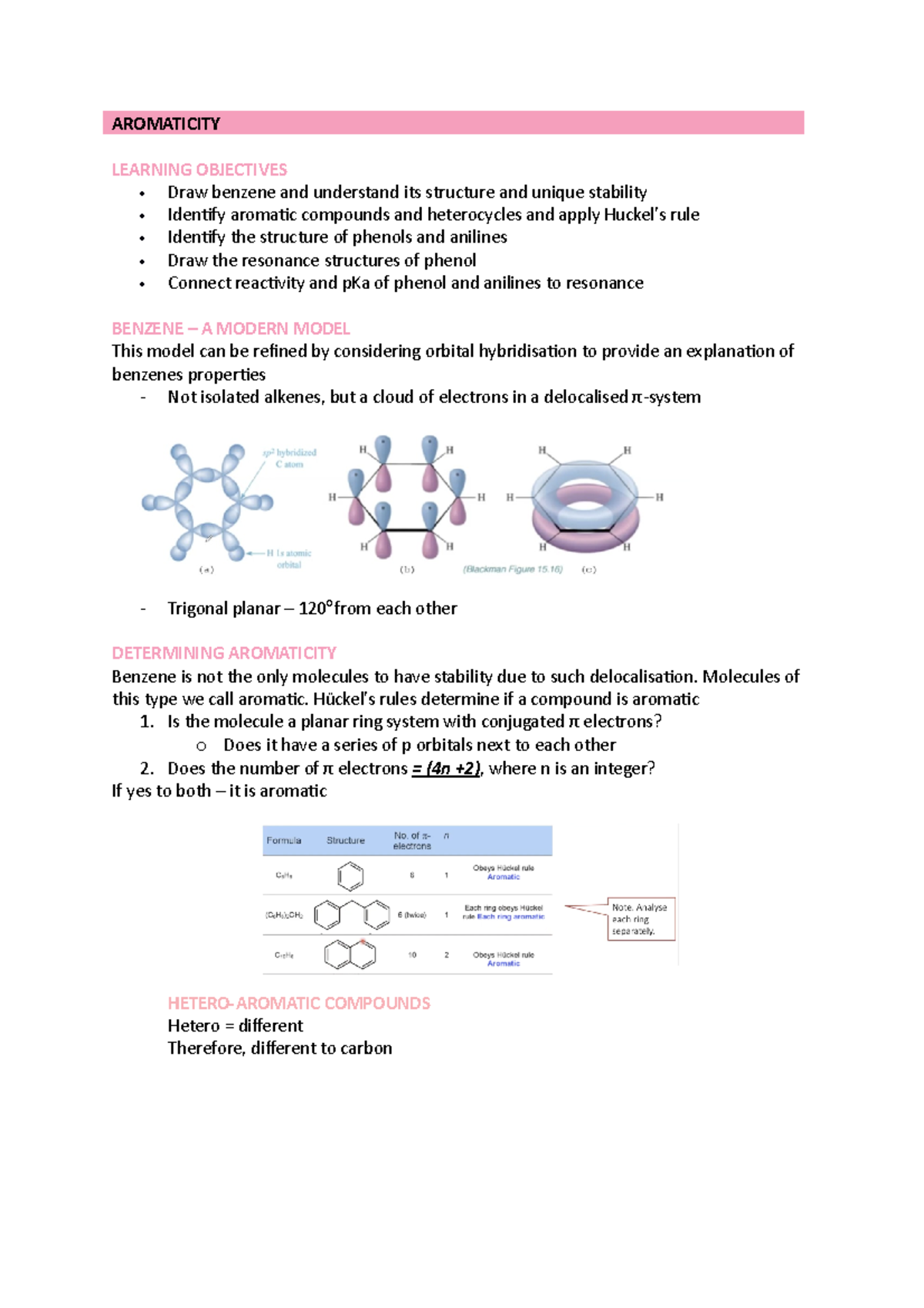 Week 2 lecture notes - AROMATICITY LEARNING OBJECTIVES Draw benzene and ...