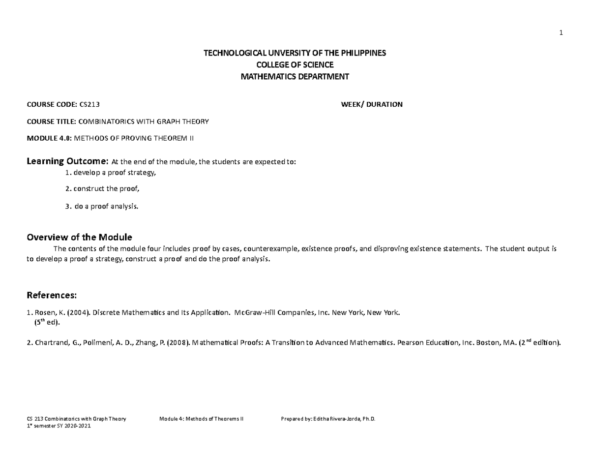 Module 4.0 Methods of Proving Theorem - TECHNOLOGICAL UNVERSITY OF THE ...