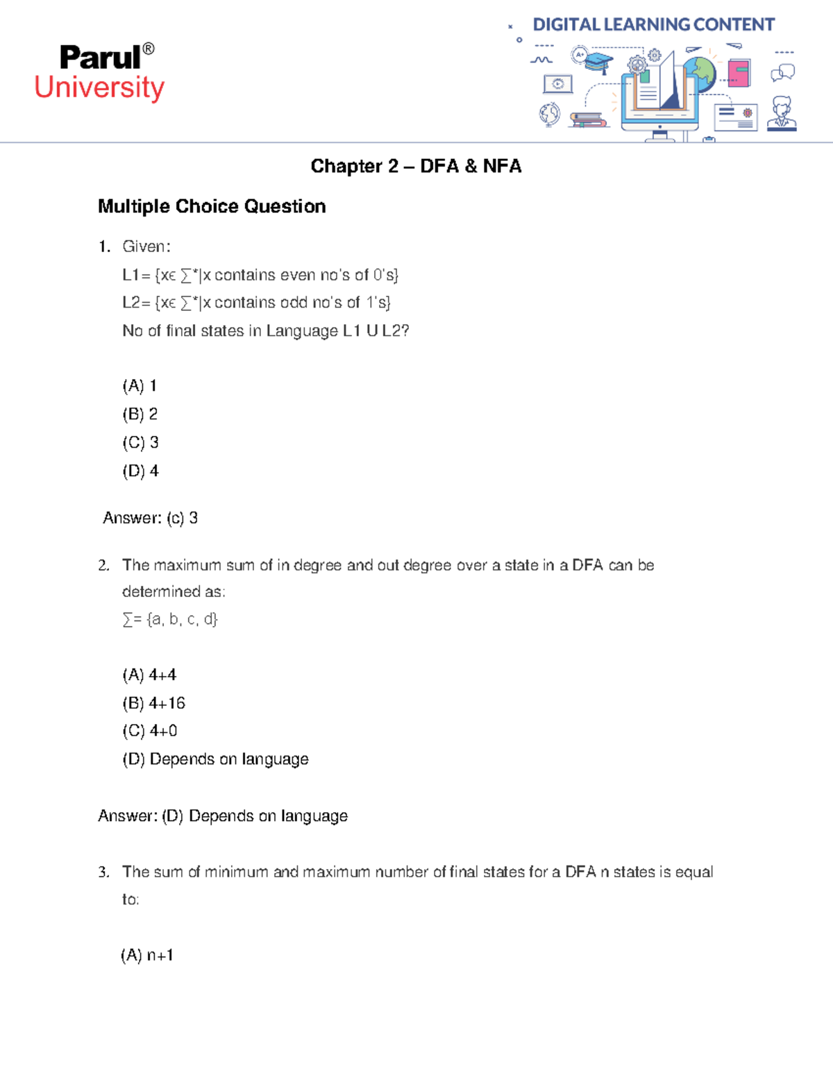 Assessment 203105305-2-1 - Chapter 2 – DFA & NFA Multiple Choice Question Given: L1= {xε ∑*|x ...