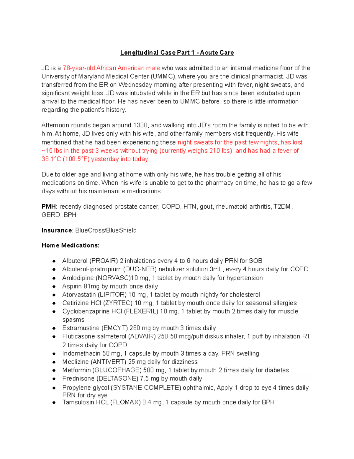 Longitudinal Case Part 1 - Acute Care (Student Version) - Longitudinal ...