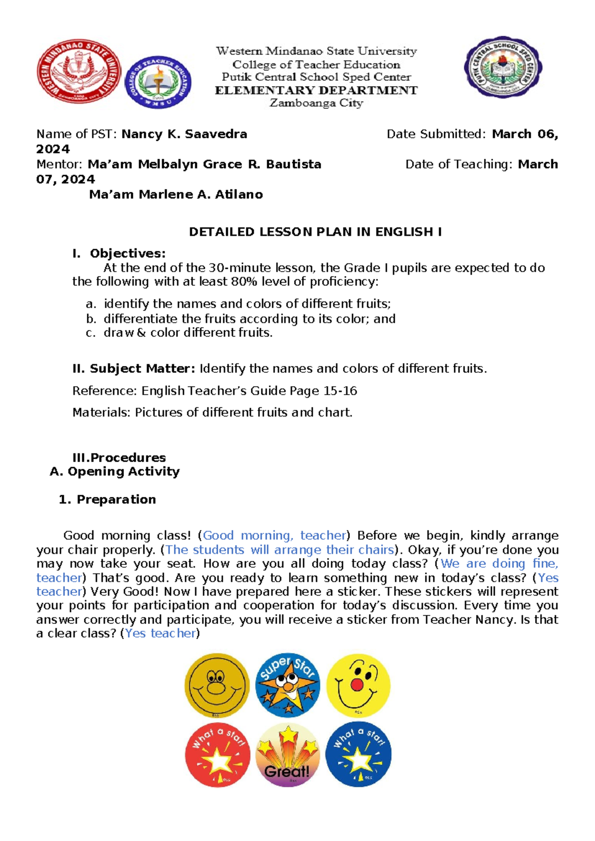 Grade 1 English Lesson Plan - Name of PST: Nancy K. Saavedra Date ...