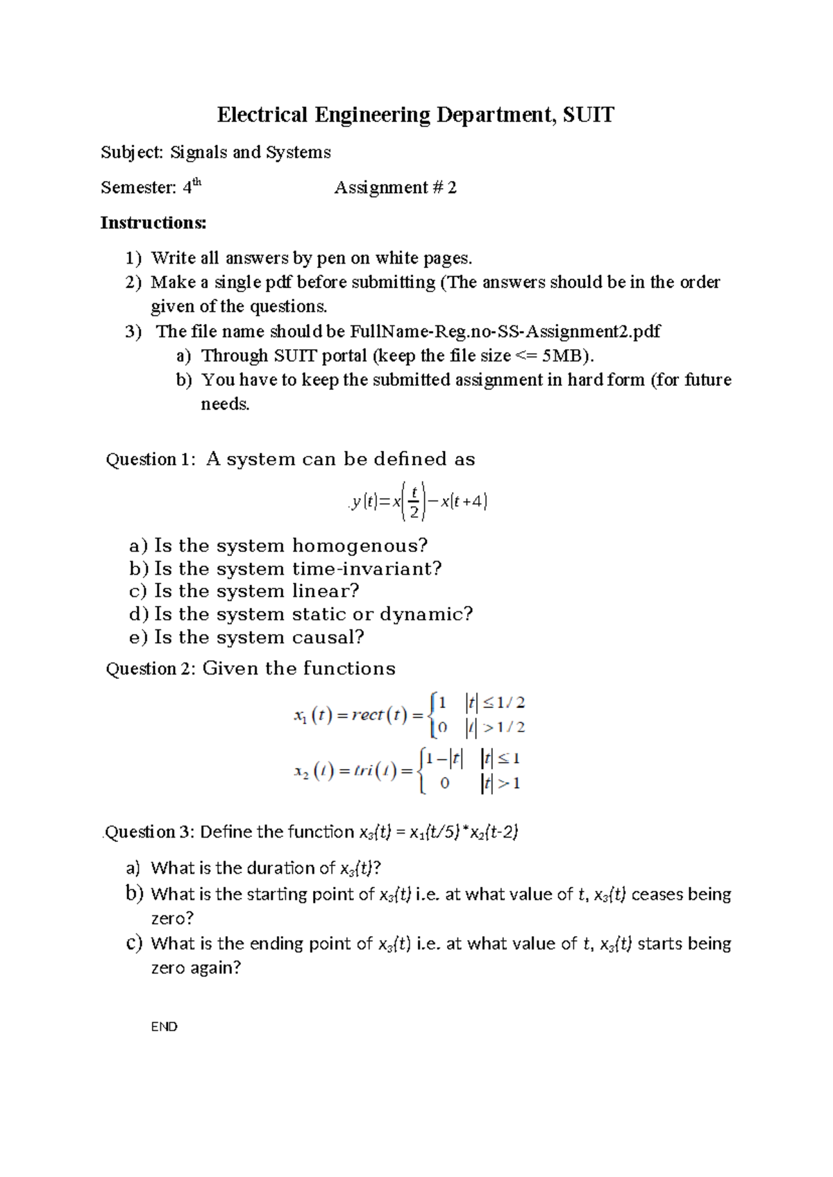 Assignment 2 Signals and Systems - Electrical Engineering Department, SUIT Subject: Signals and ...