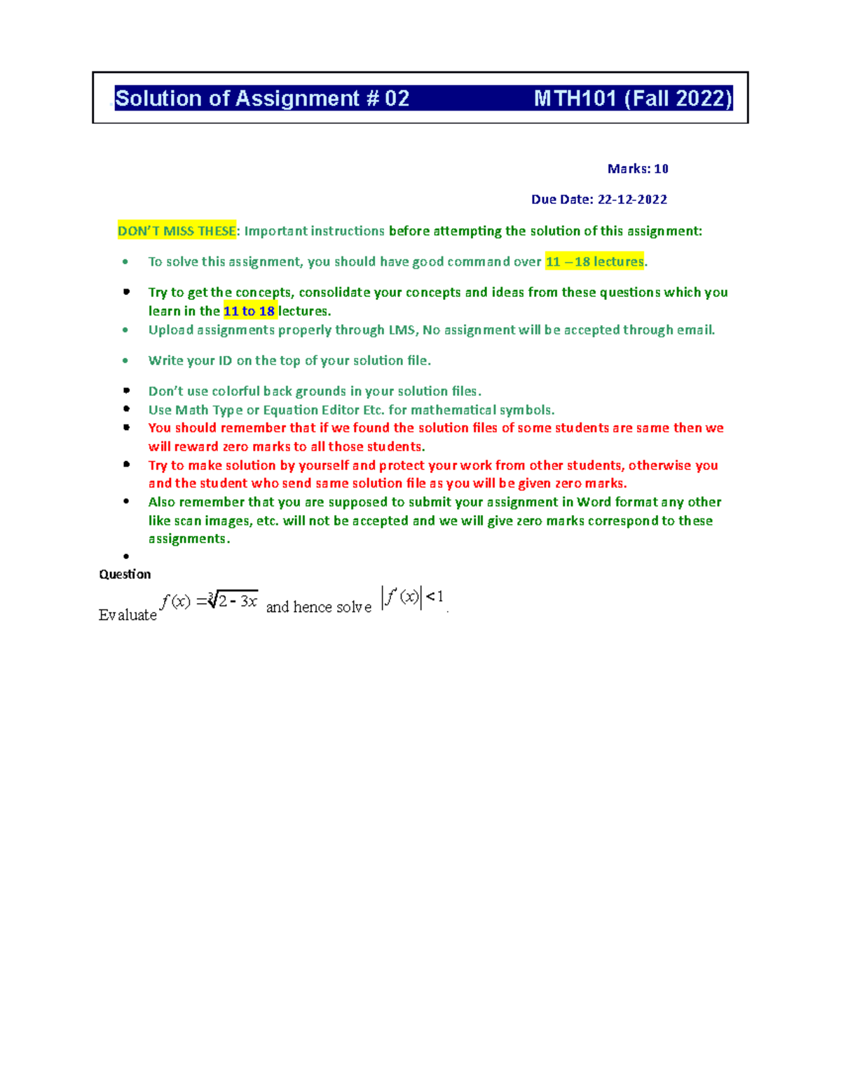 MTH101 2 Kinza Bilal - .Solution of Assignment # 02 MTH101 (Fall 2022) Marks: 10 Due Date: 22-12 ...