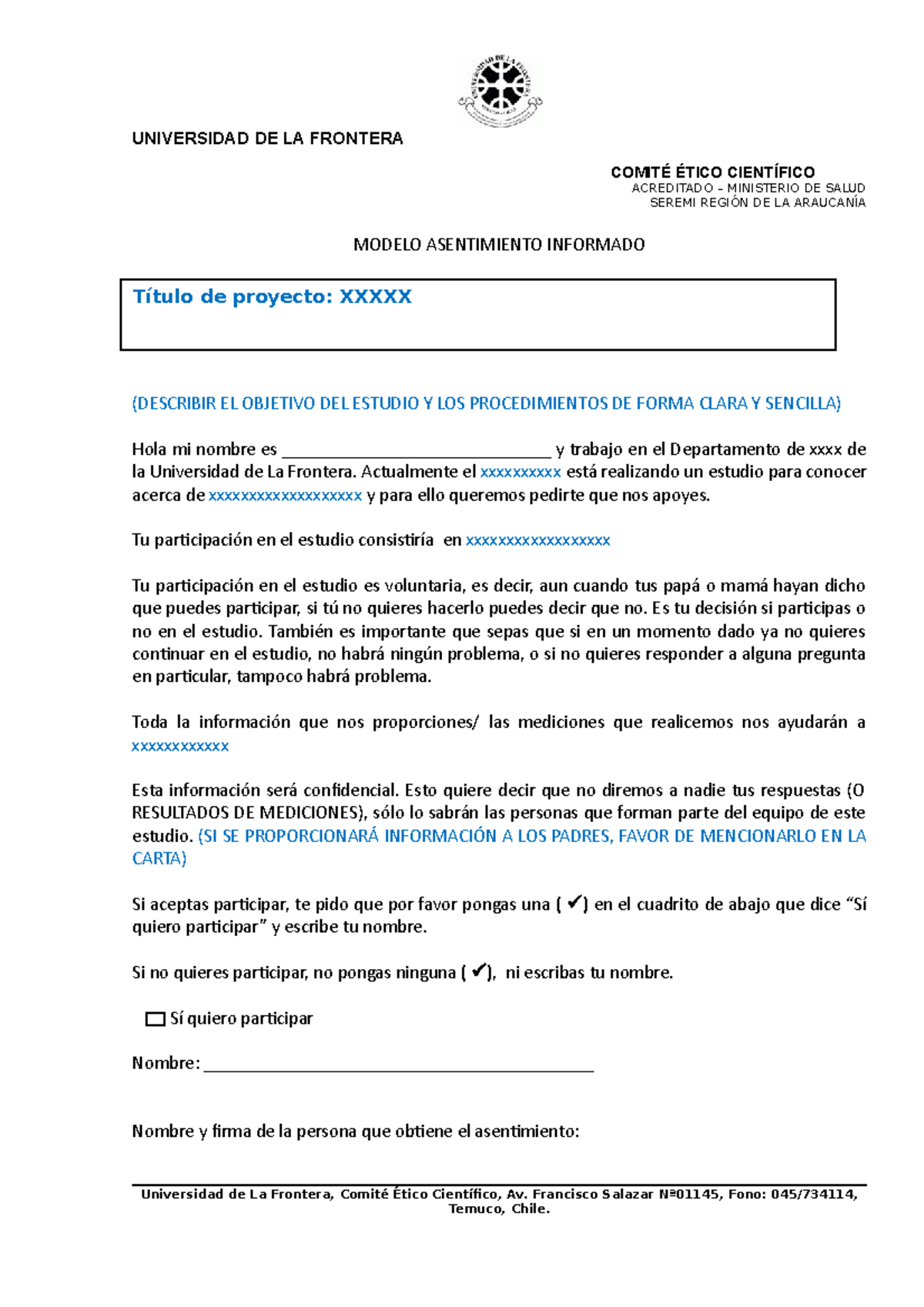 Anexo 1 Asentimiento Informado - UNIVERSIDAD DE LA FRONTERA COMITÉ ...