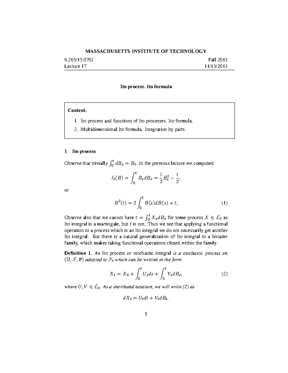 Lecture 17: Ito process and formula (PDF) - MASSACHUSETTS INSTITUTE OF TECHNOLOGY 6.265/15 Fall ...