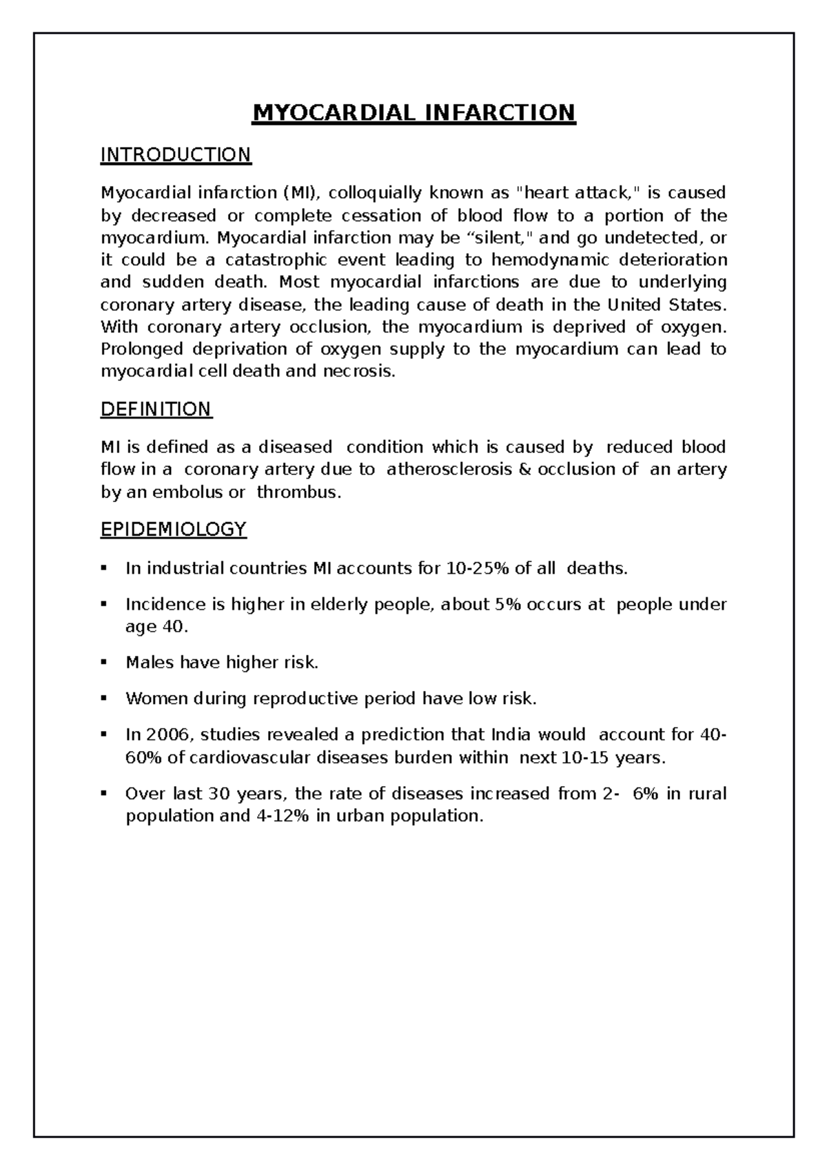 Myocardial Infarction - MYOCARDIAL INFARCTION INTRODUCTION Myocardial ...