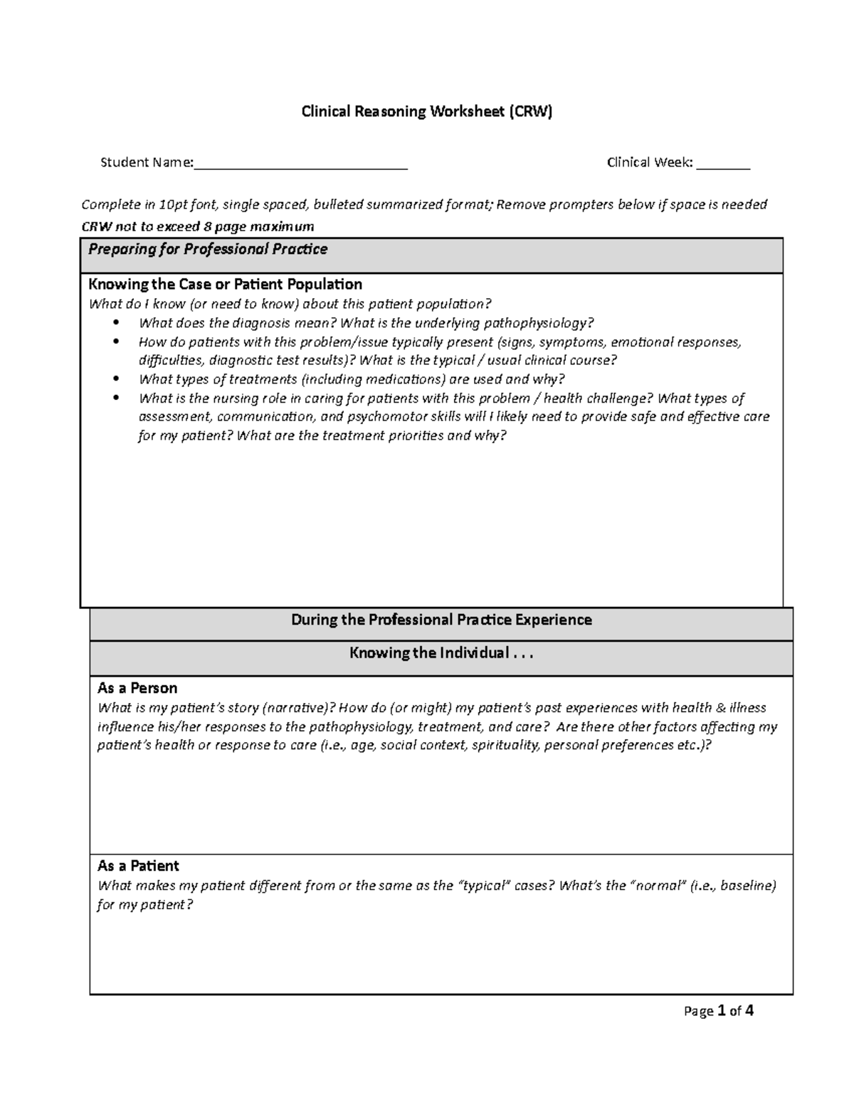 Clinical Reasoning Worksheet Winter 2022 - Clinical Reasoning Worksheet ...
