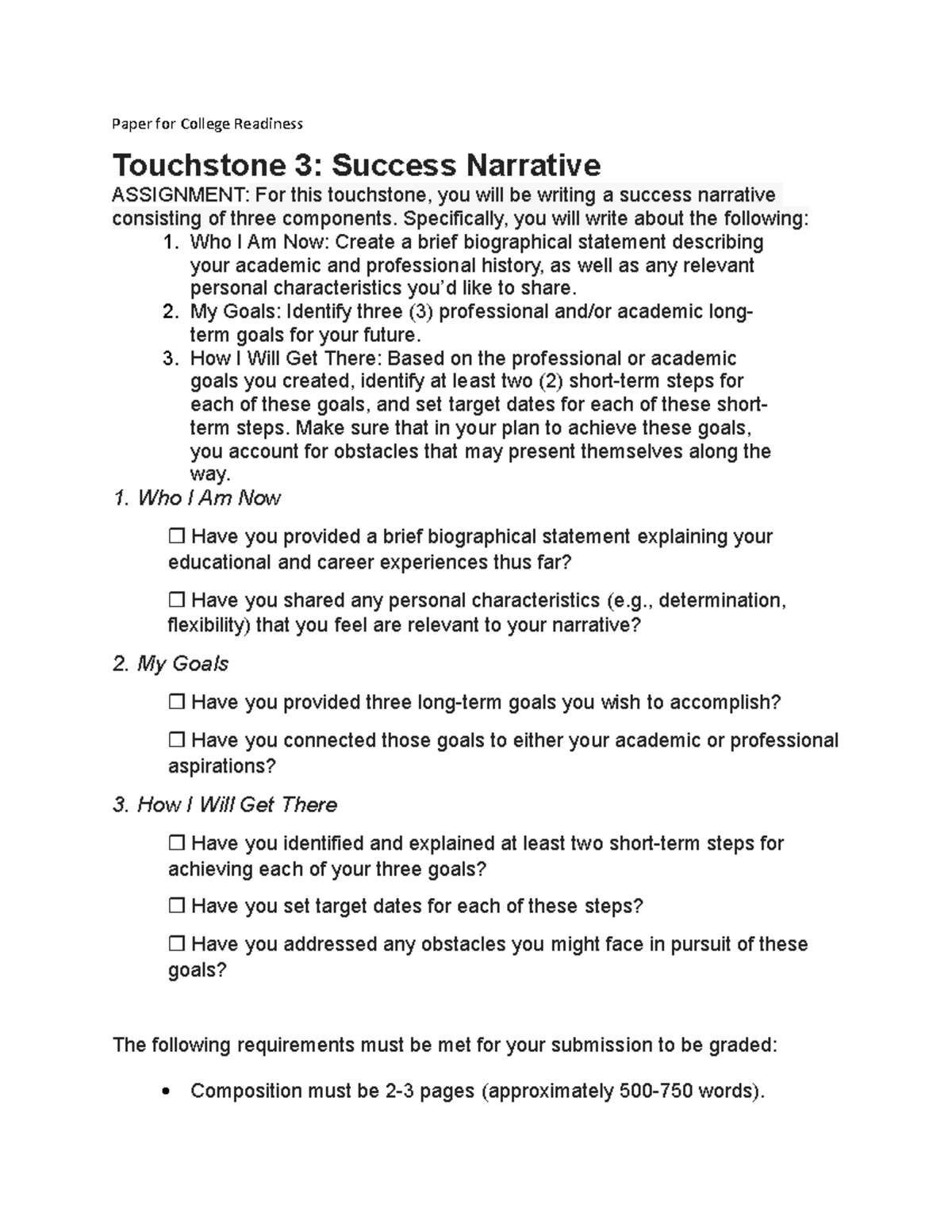 Touchstone for College Readiness - Paper for College Readiness ...