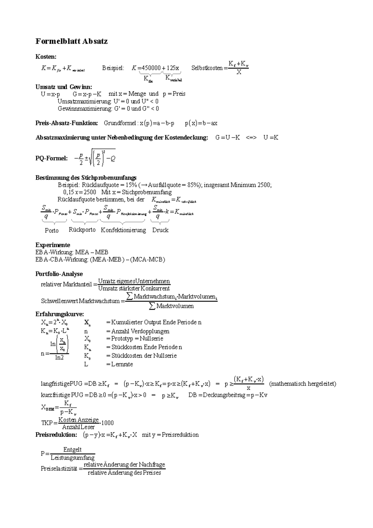 Formelblatt Absatz - Klausurvorbereitung - Formelblatt Absatz Kosten ...