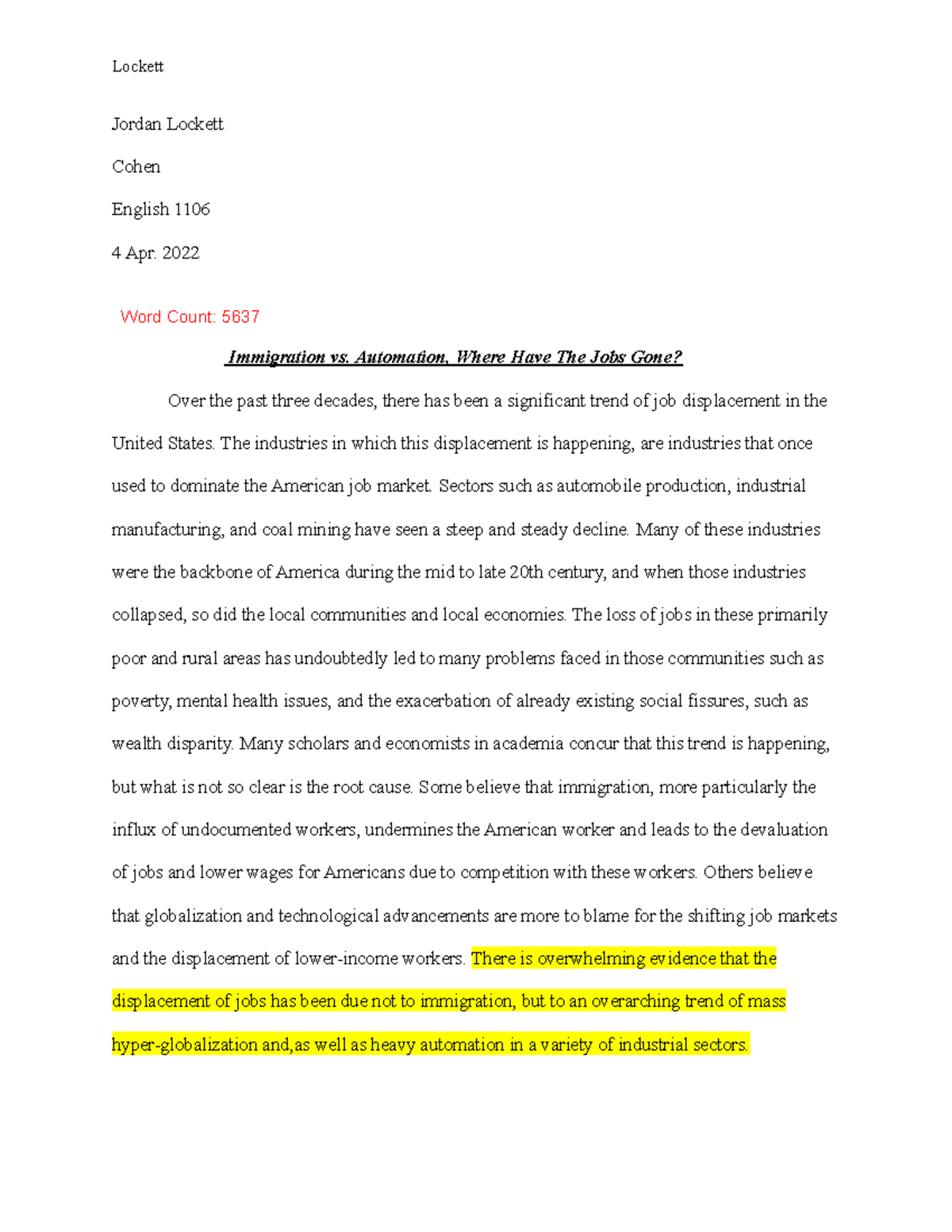 Sustained reasearch Project draft - Jordan Lockett Cohen English 1106 4 ...