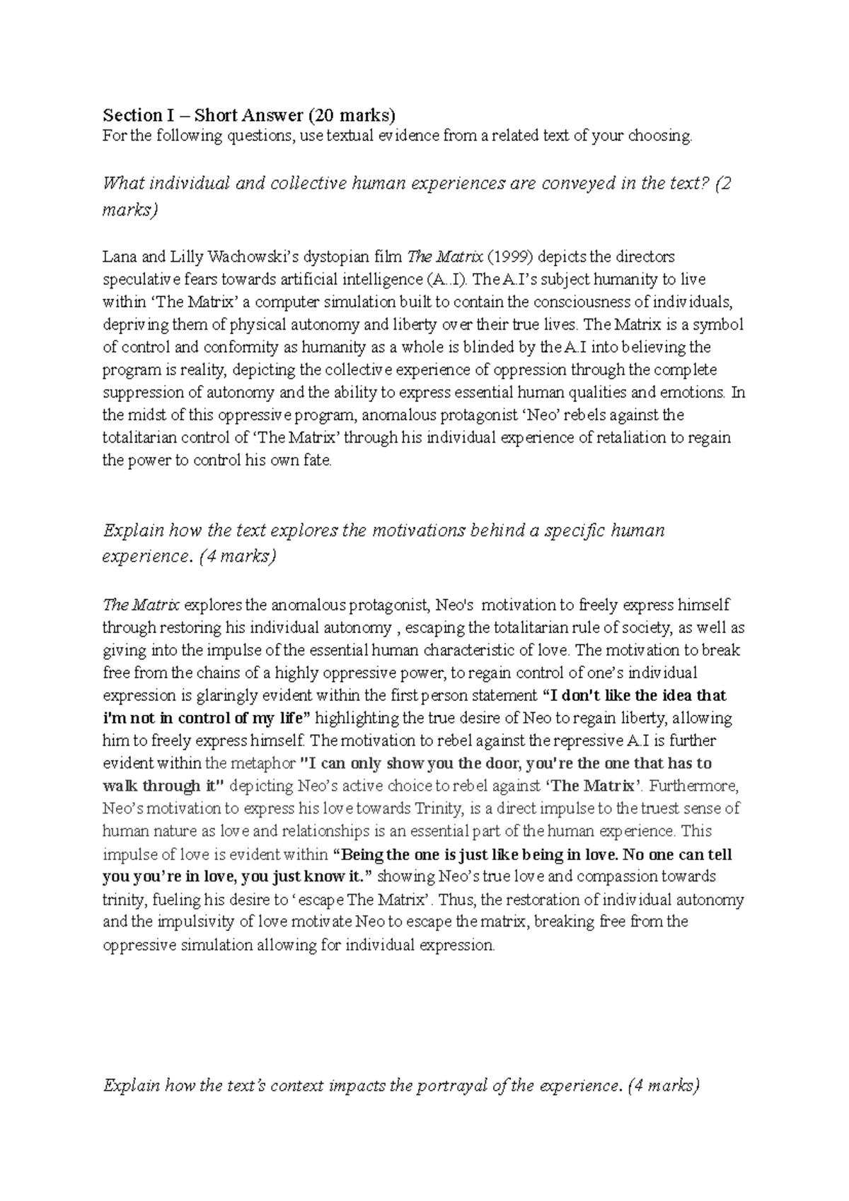 Texts and Human Experience Assigment-Thomas Groves - Section I – Short ...