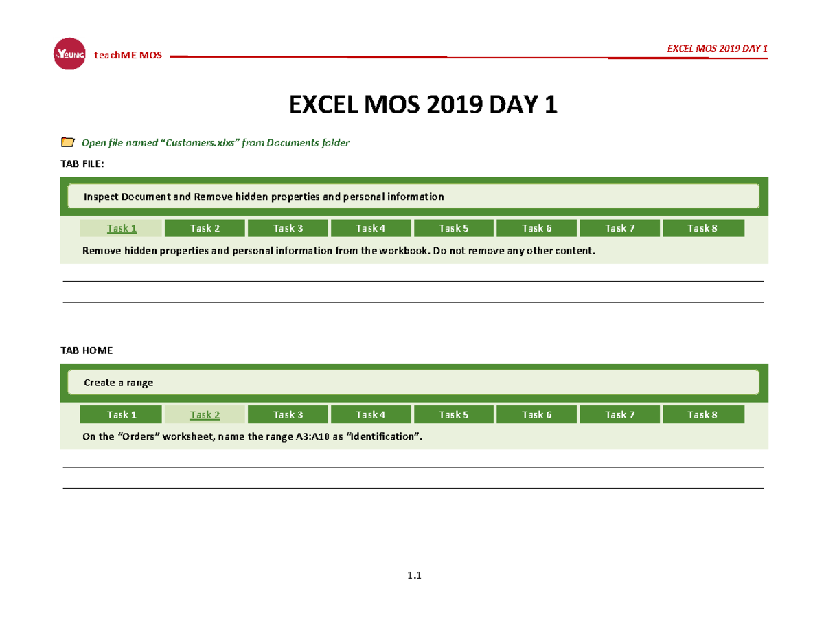 DAY 1 - gguiub - 1. teachME MOS EXCEL MOS 2019 DAY 1 EXCEL MOS 2019 DAY 1 Open file named - Studocu