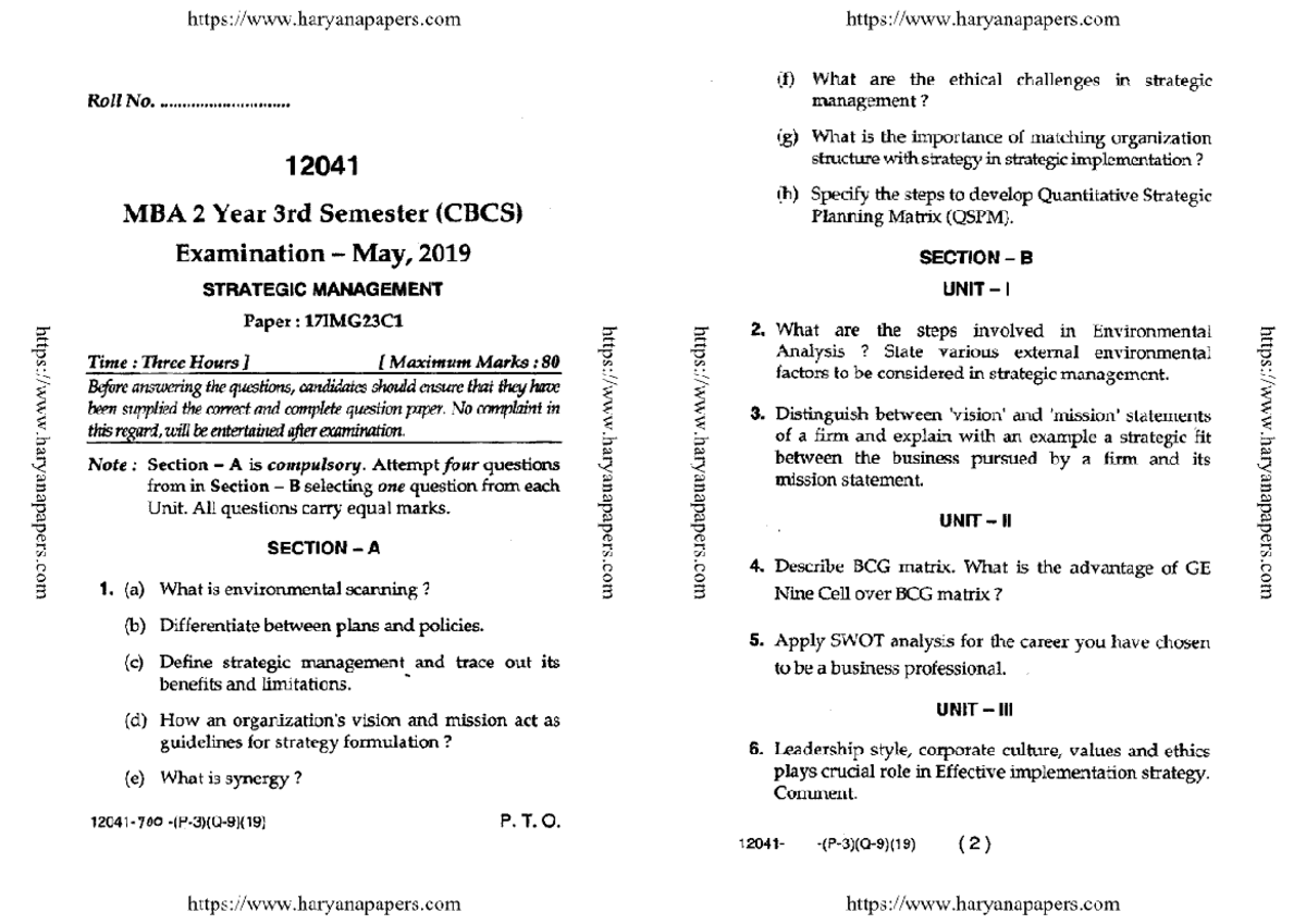 Mba 3 sem strategic management 12041 may 2019 - Master of business ...