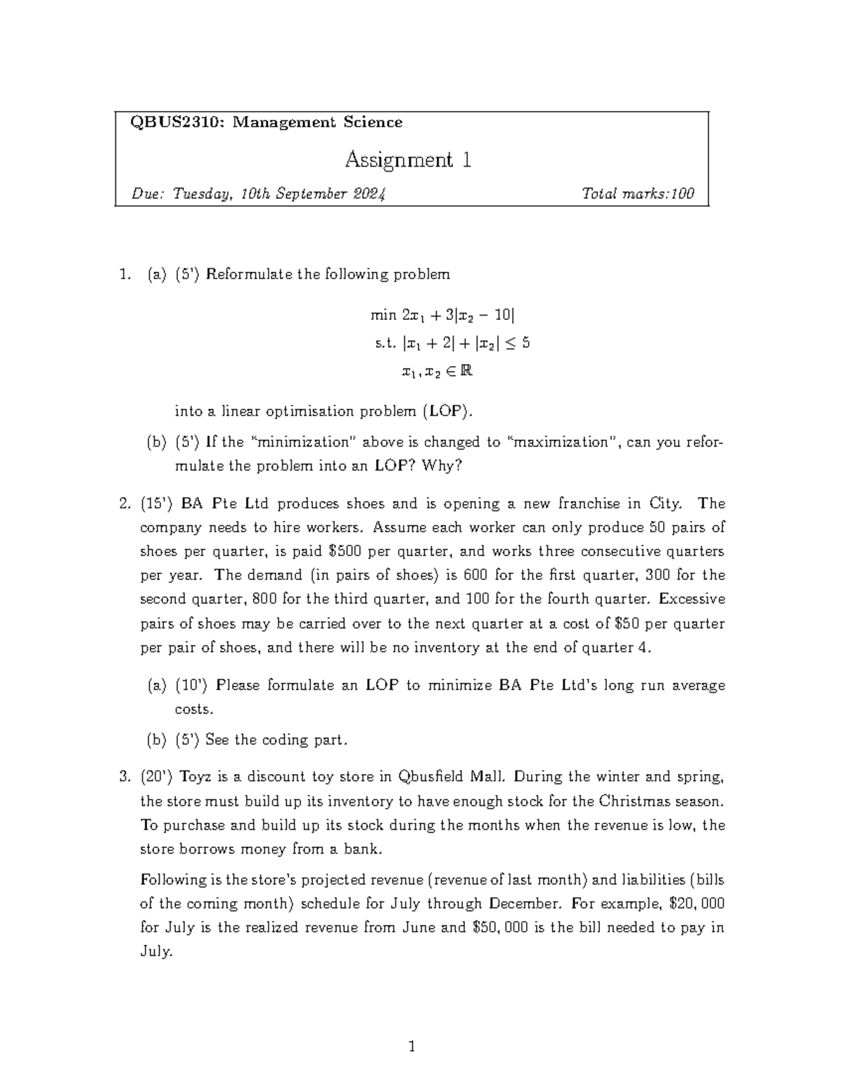 QBUS2310 Assignment 1 - QBUS2310: Management Science Assignment 1 Due ...