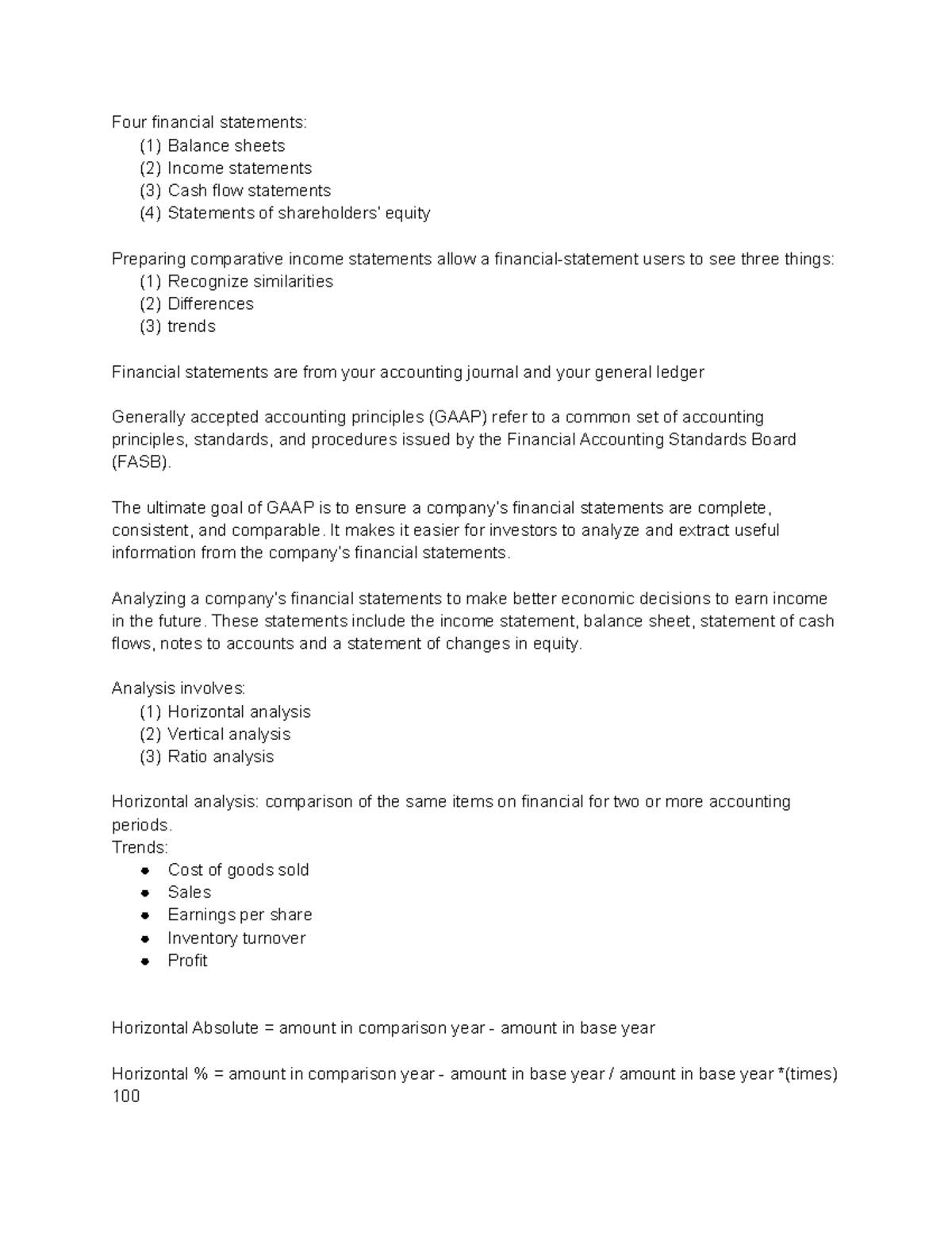 Unit 1 Accounting notes - Four financial statements: (1) Balance sheets ...