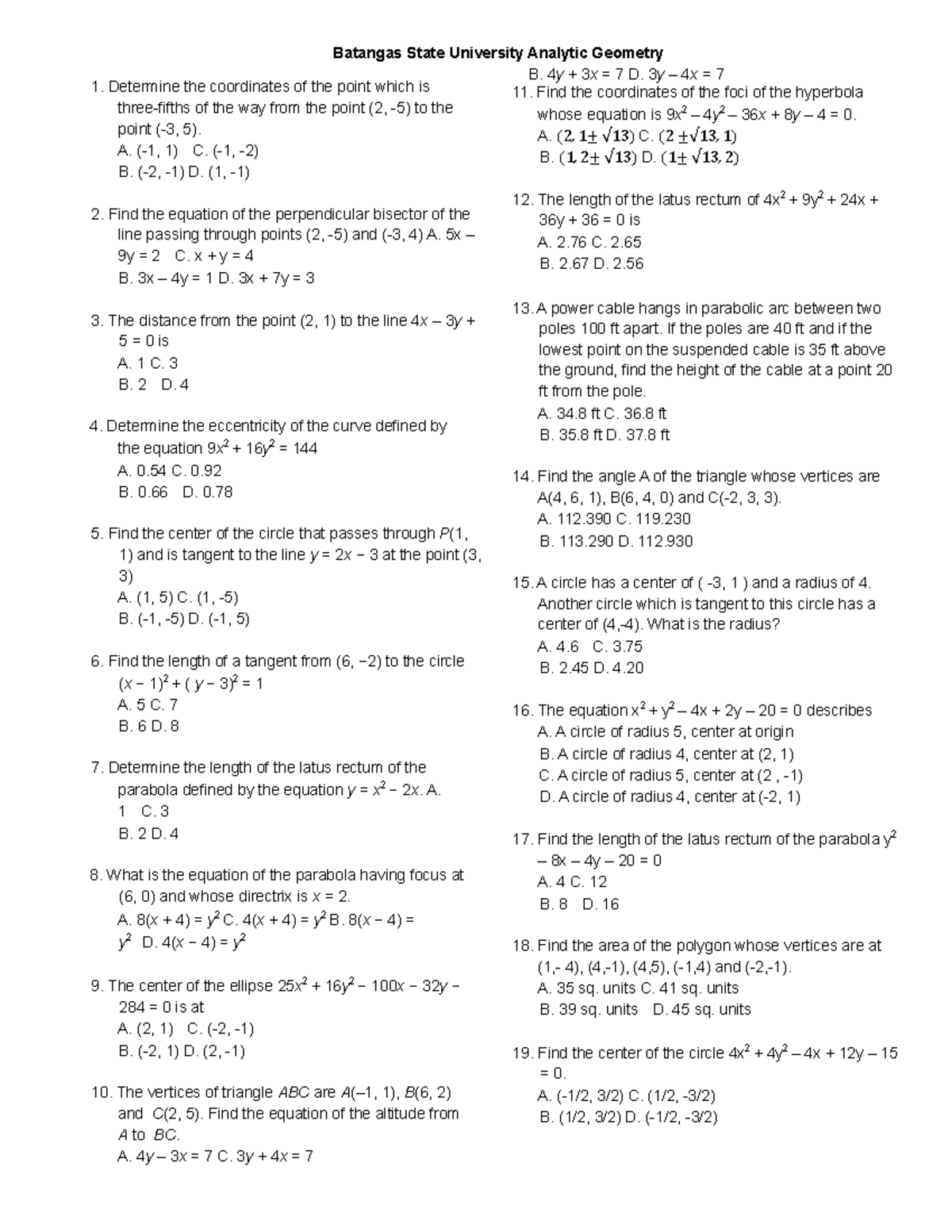 Practice Problems Analytic Geometry 2022 - Batangas State University ...
