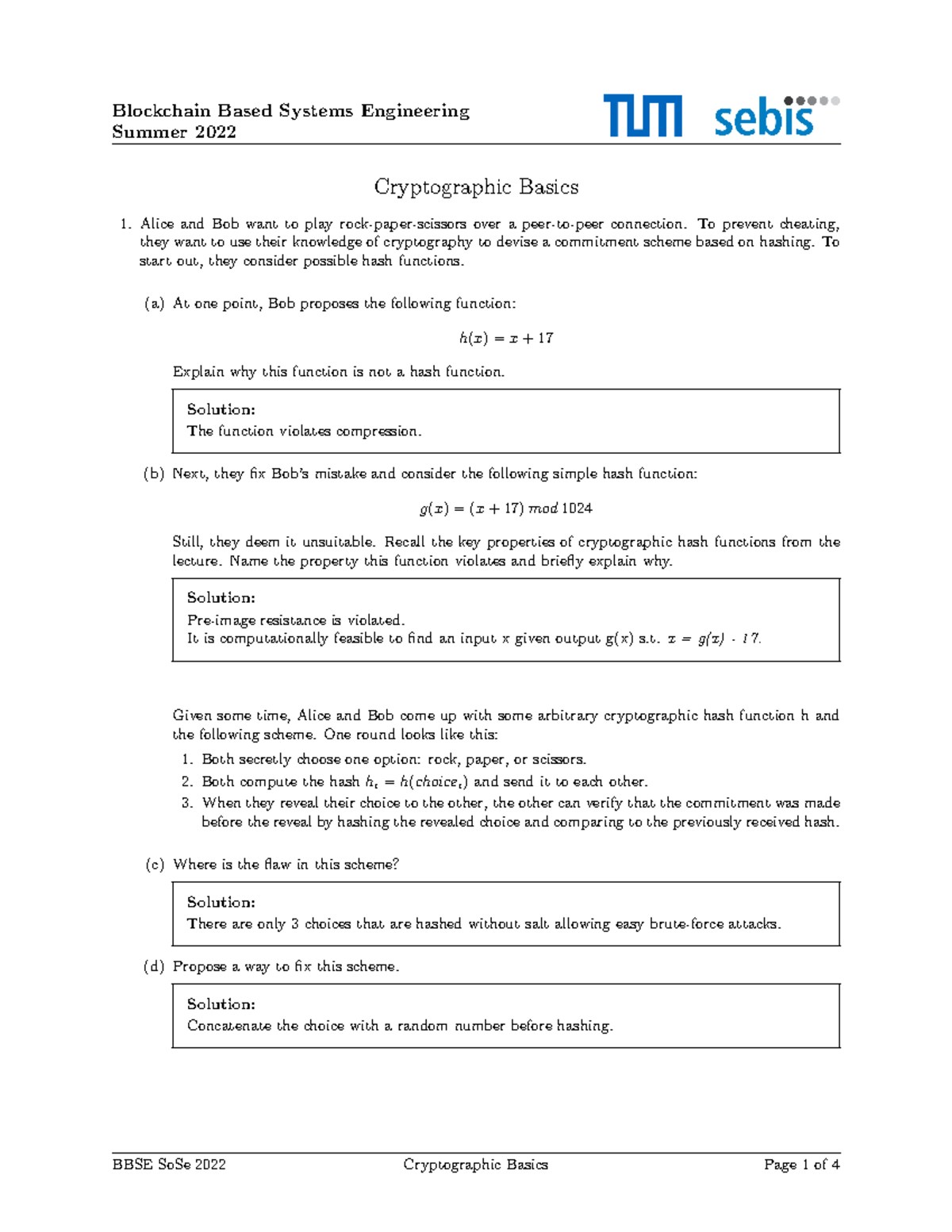 Exercise Cryptographic Basics Solution - Blockchain Based Systems Engineering Summer 2022 - Studocu