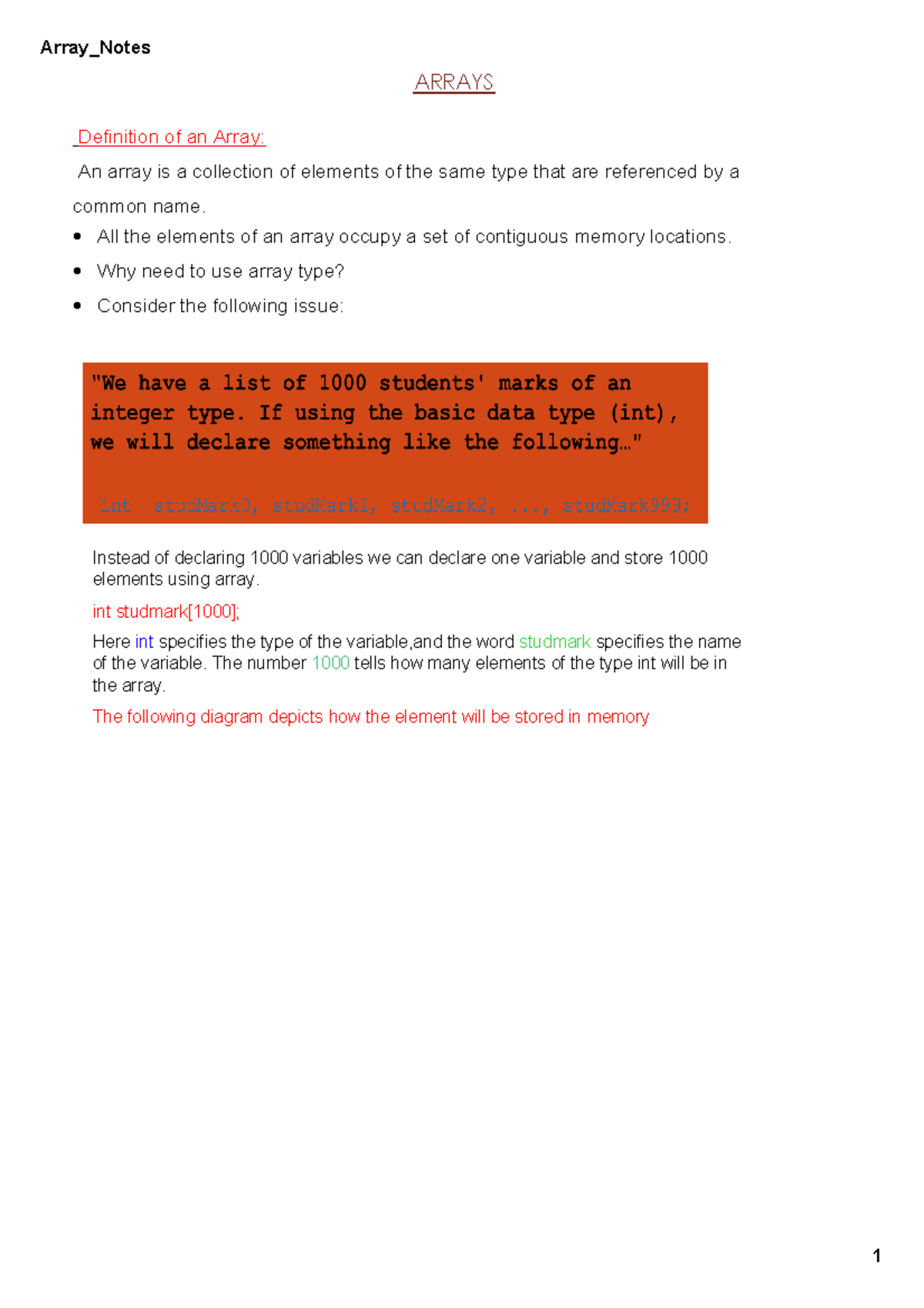 Array Notes Done Arrays Definition Of An Array An Array Is A 6021