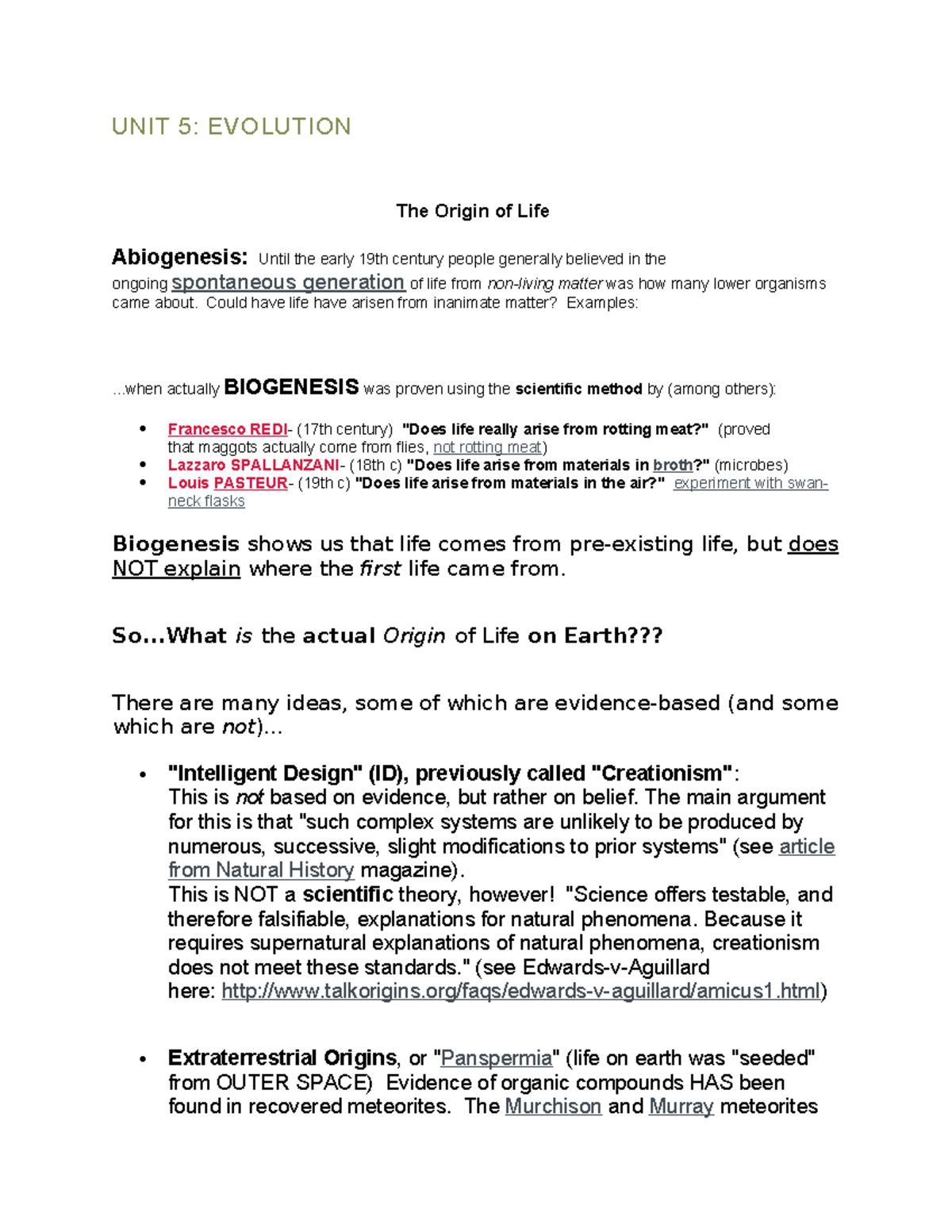 Unit 5 Notes Complete - UNIT 5: EVOLUTION The Origin of Life ...