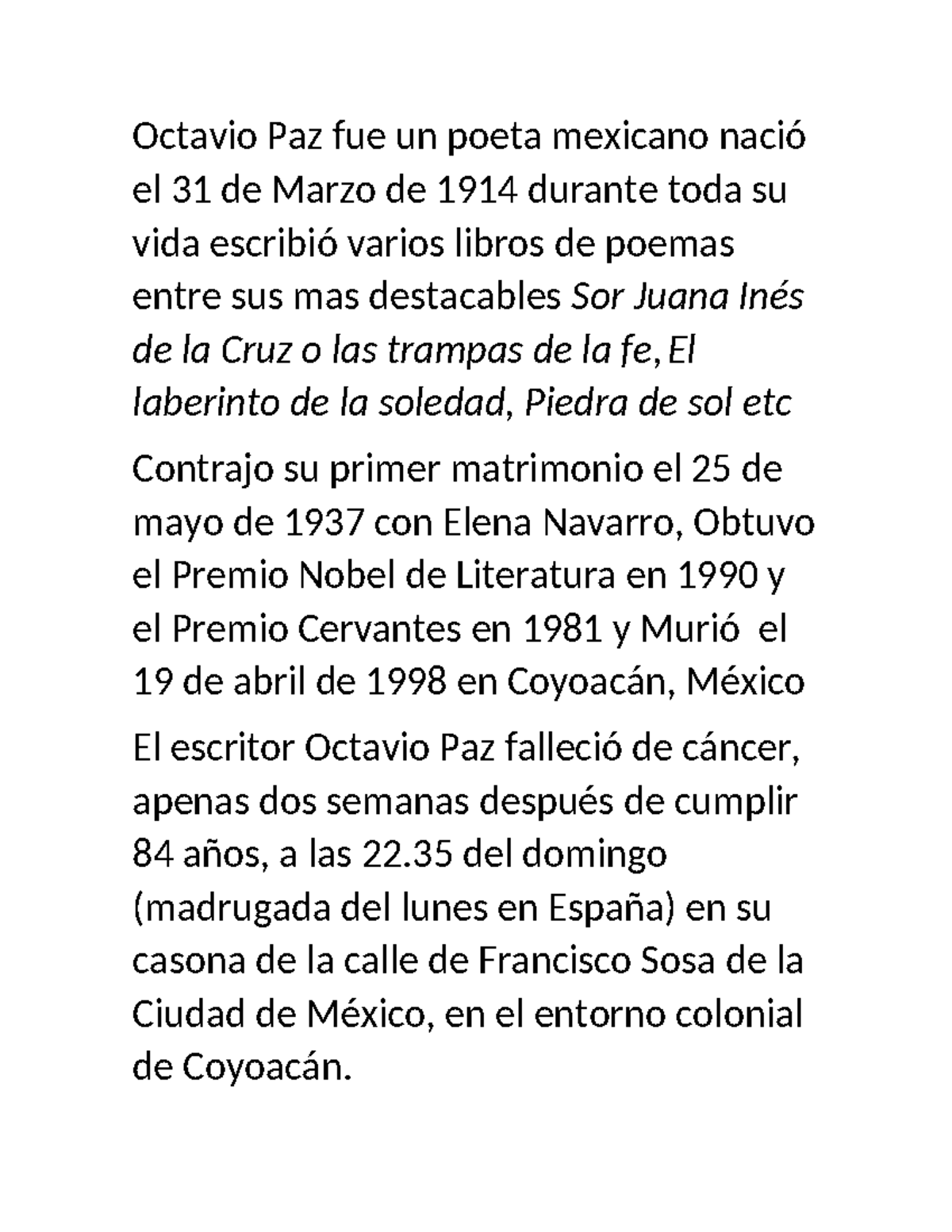 Octavio paz Biografia - Octavio Paz fue un poeta mexicano nació el 31 ...