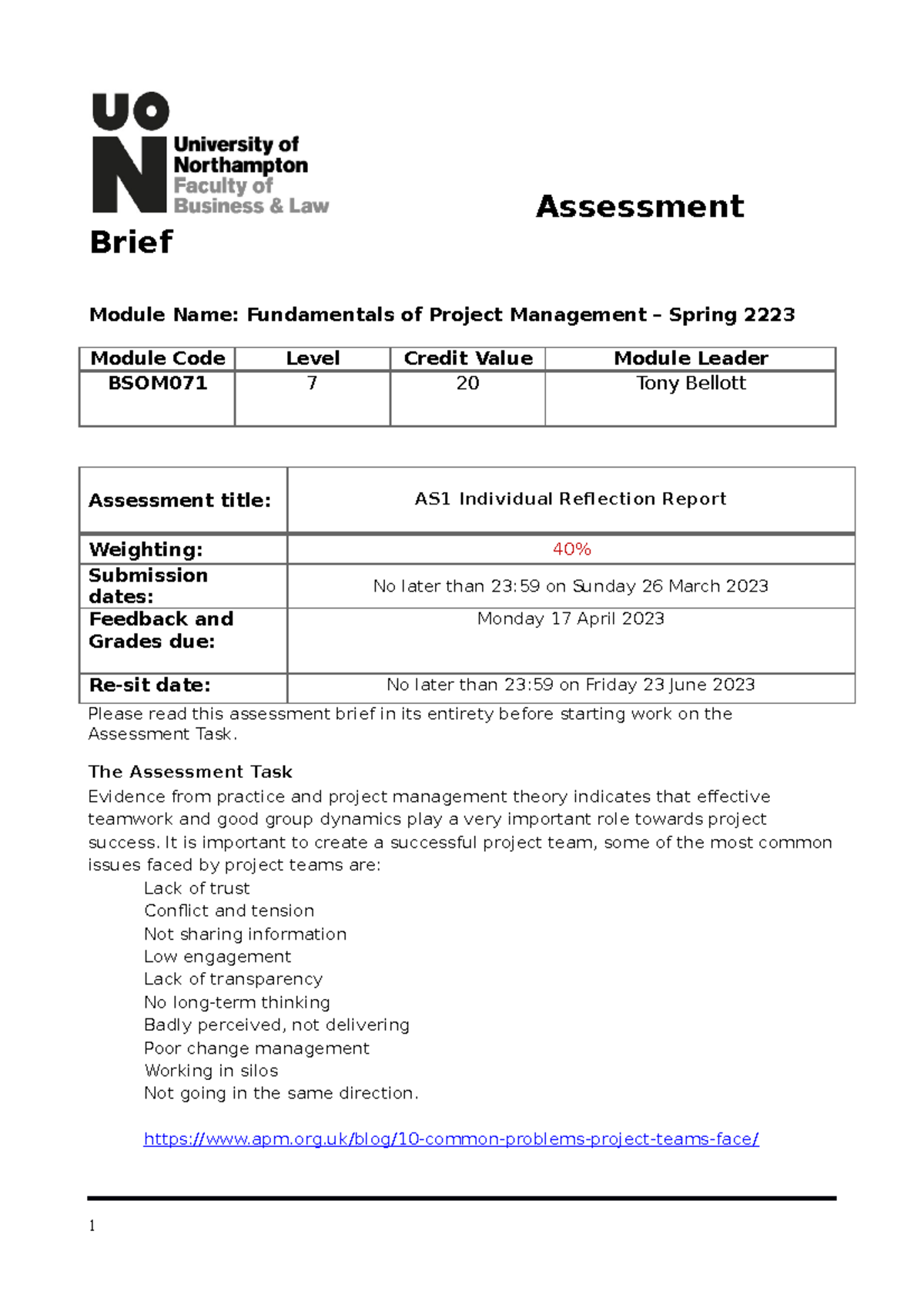 BSOM071 AS1 Assessment Brief - Spring 2223 - February 2023 Final - Assessment Brief Module Name ...