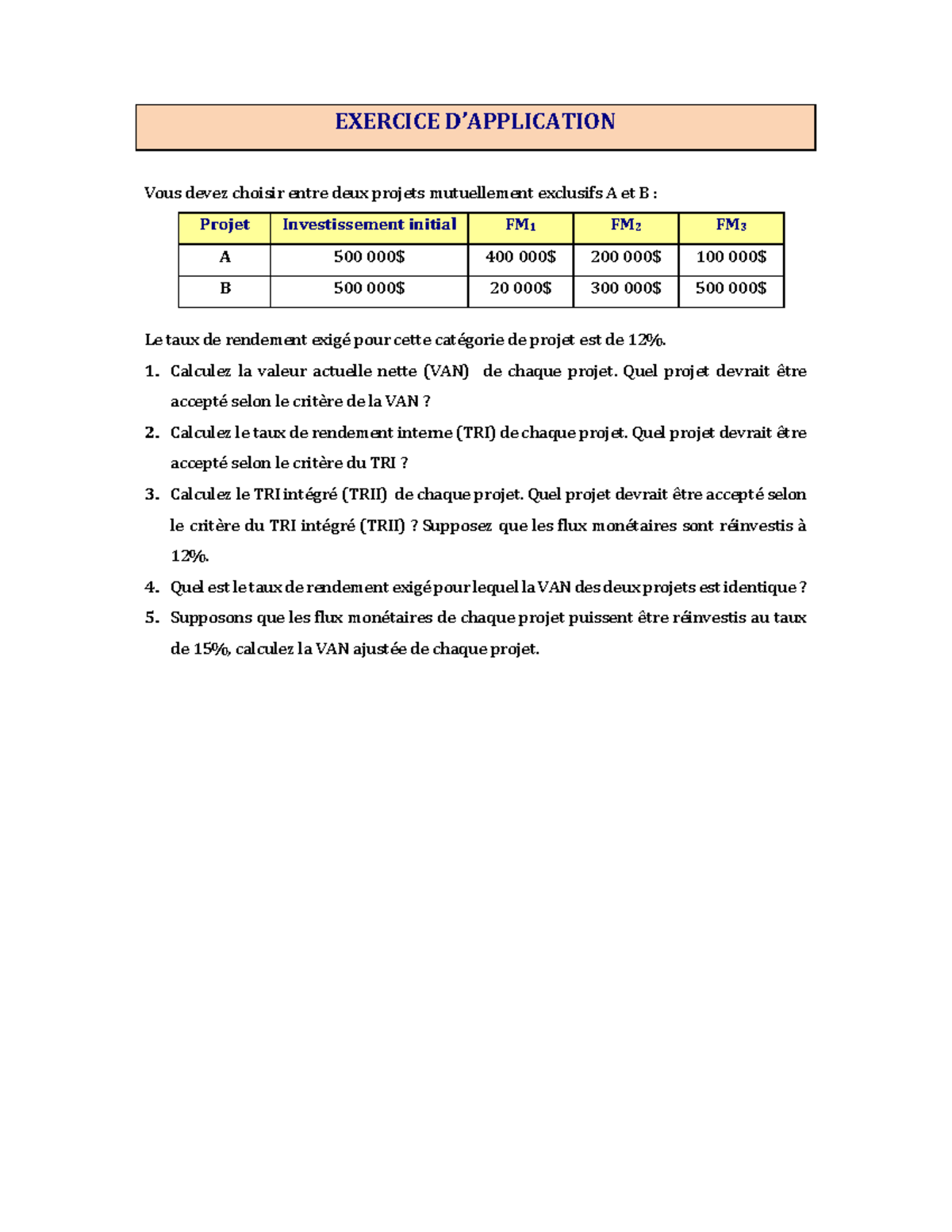 Exercice dapplication - EXERCICE D’APPLICATION Vous devez choisir entre deux projets ...