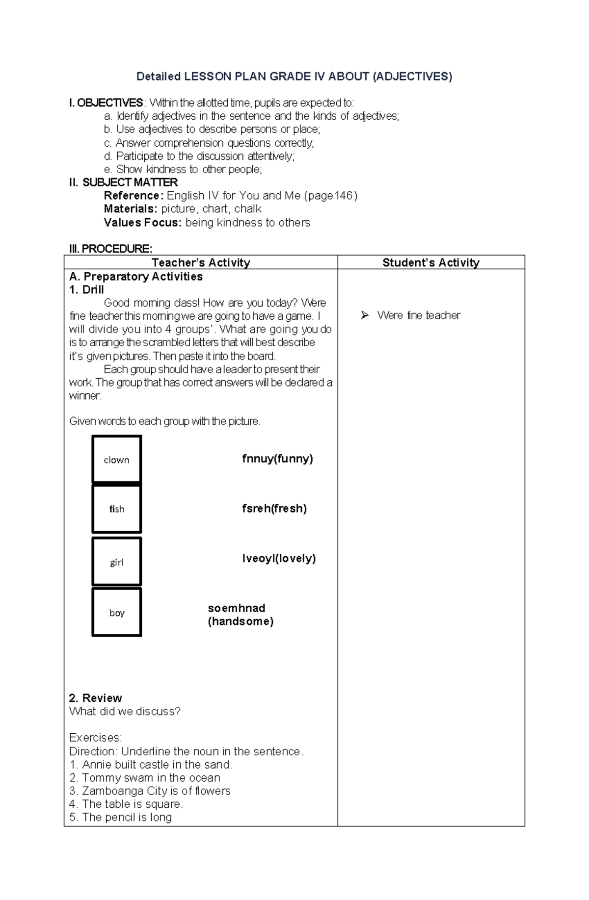 English 4- Adjectives lesson plan - Detailed LESSON PLAN GRADE IV ABOUT ...