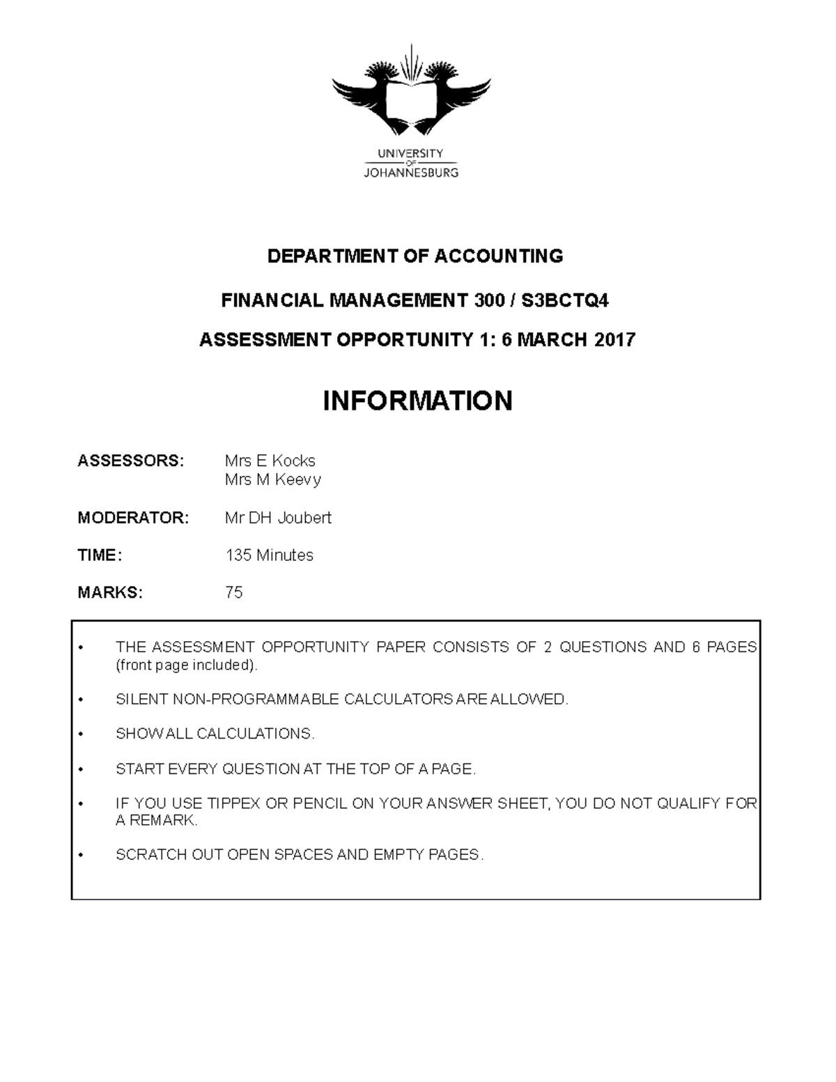 Sample/practice exam 6 March 2017, questions - DEPARTMENT OF ACCOUNTING ...
