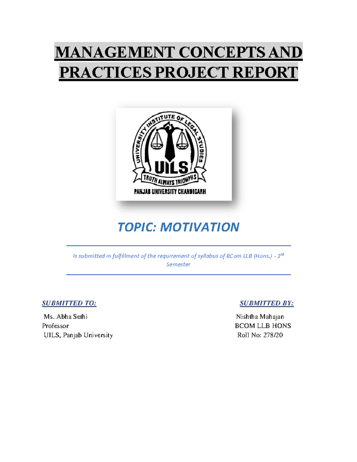 Motivation - MANAGEMENT CONCEPTS AND PRACTICES PROJECT REPORT TOPIC ...