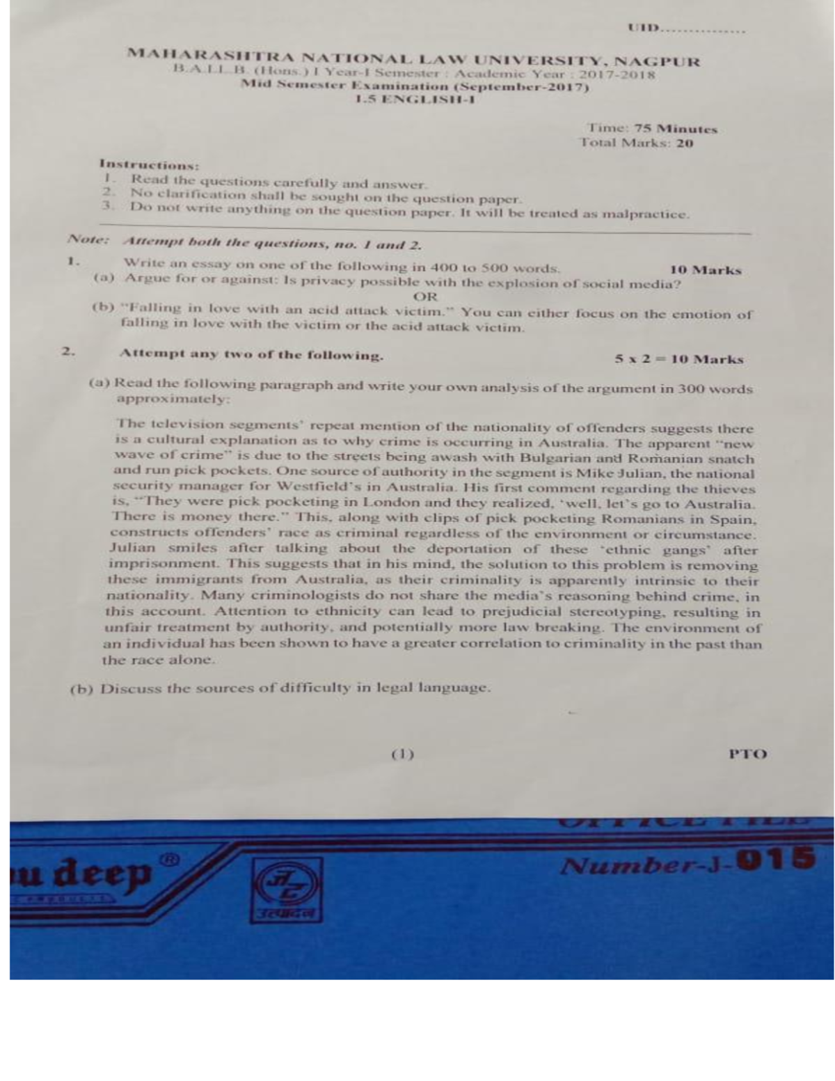 Mid-Sem 2017 - question paper - law - Studocu