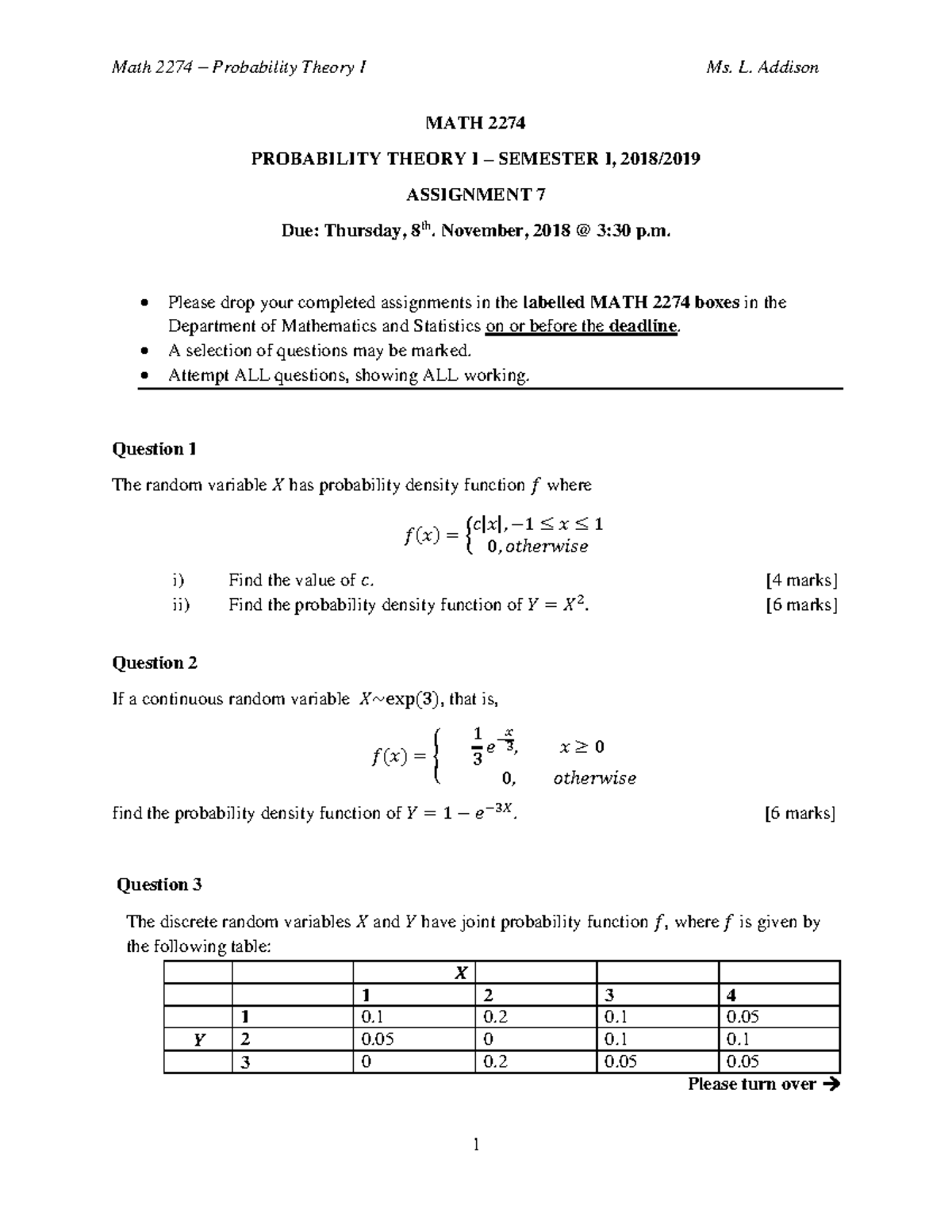 MATH 2274 - Assignment 7 - Semester I, 2018-2019 - Math 2274 ...