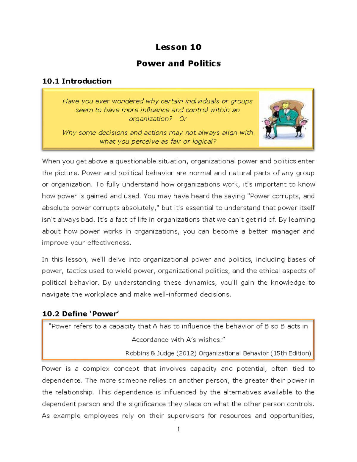 Lesson 10 Power and politics - Lesson 10 Power and Politics 10 ...