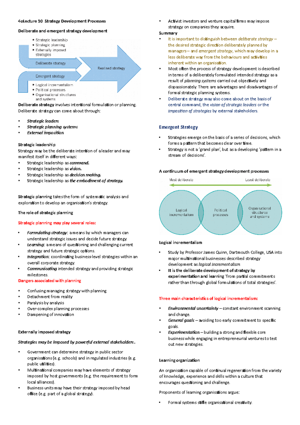 Lecture 10 Strategy Development Processes notes - 4oLecture 10 Strategy ...