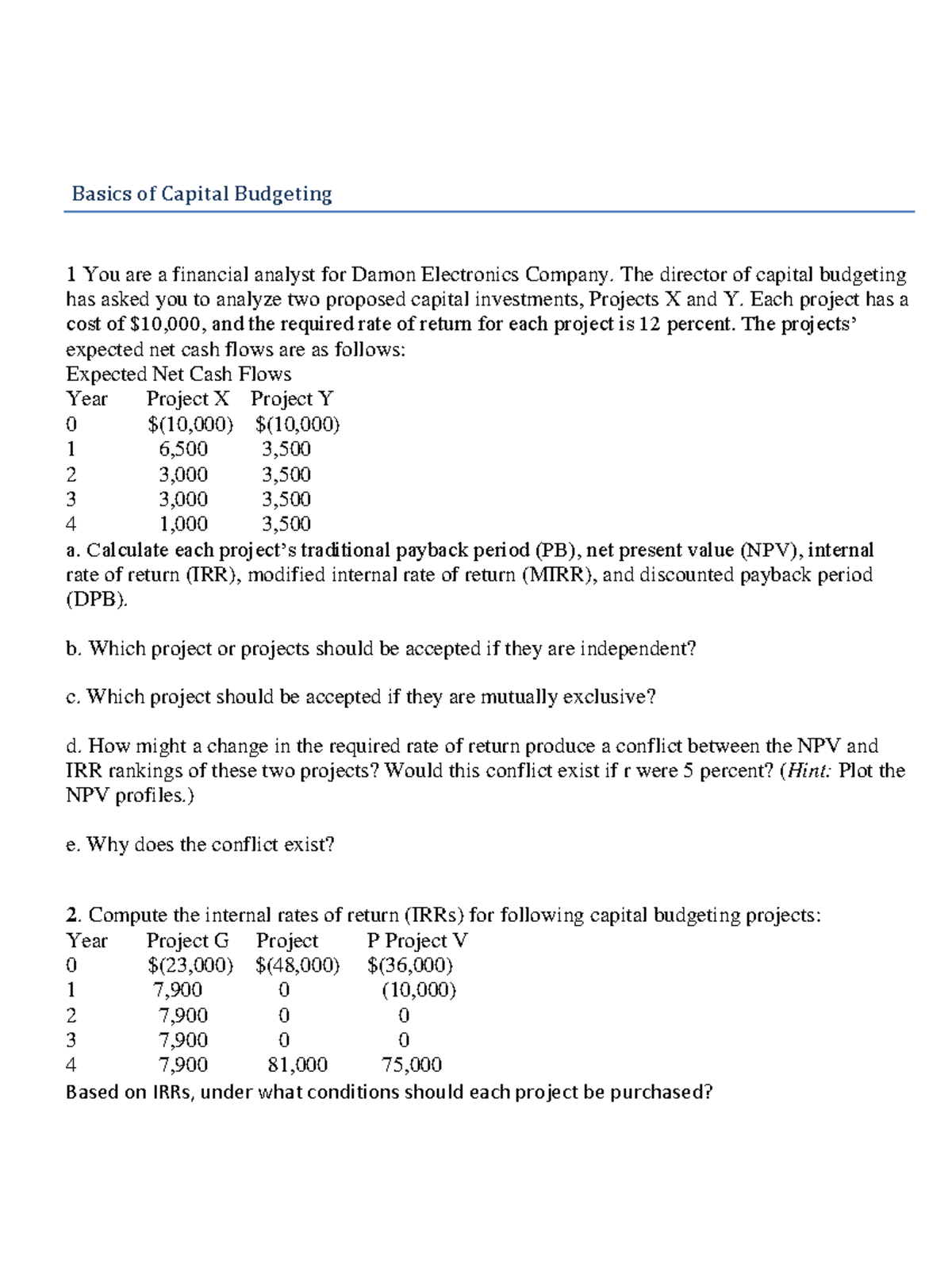 Basics of Capital Budgeting tutorial questions - Basics of Capital ...