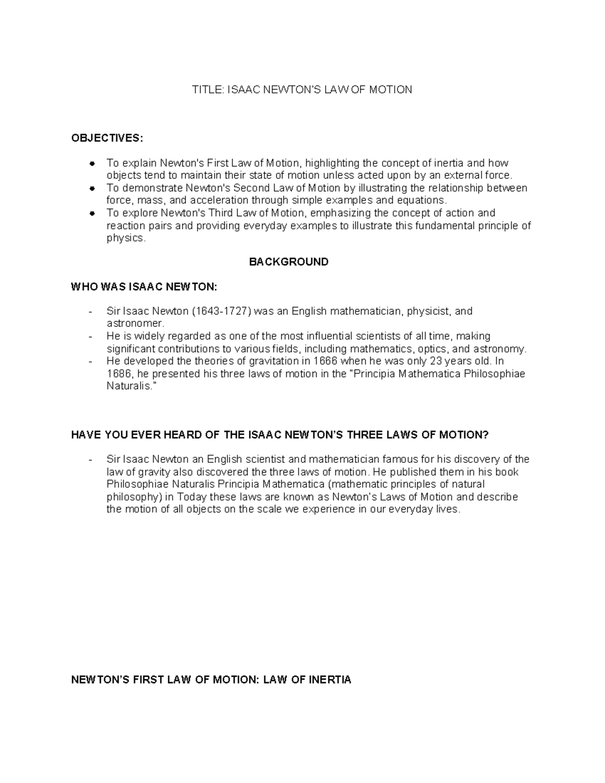Newton'S LAW - Summary humss - TITLE: ISAAC NEWTON’S LAW OF MOTION ...