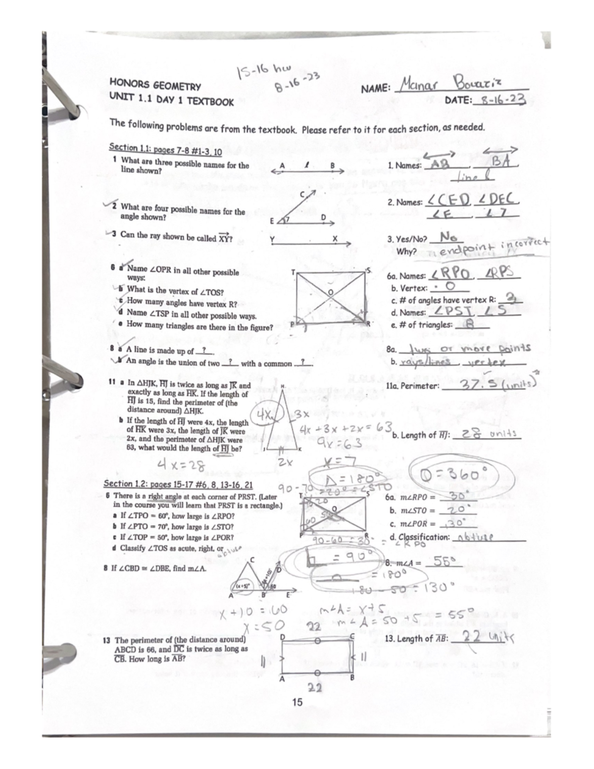 Honors Geometry 1 - Homework - Studocu
