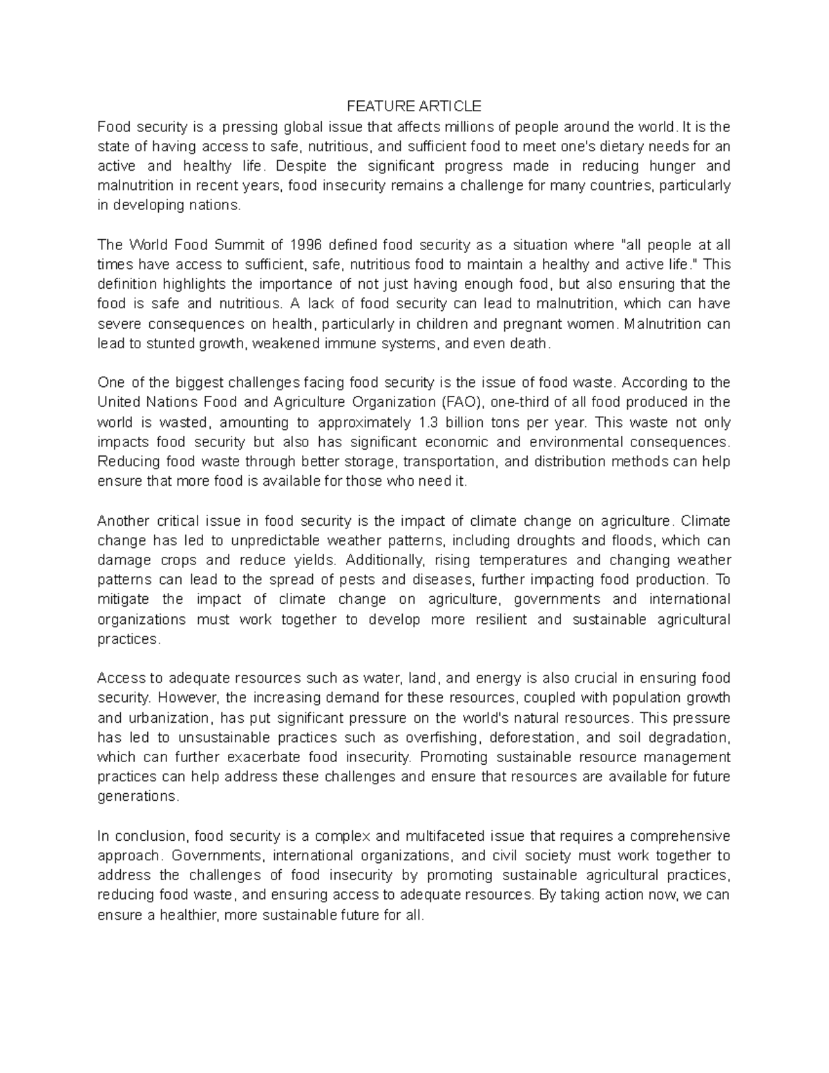 Feature Article - FEATURE ARTICLE Food security is a pressing global ...