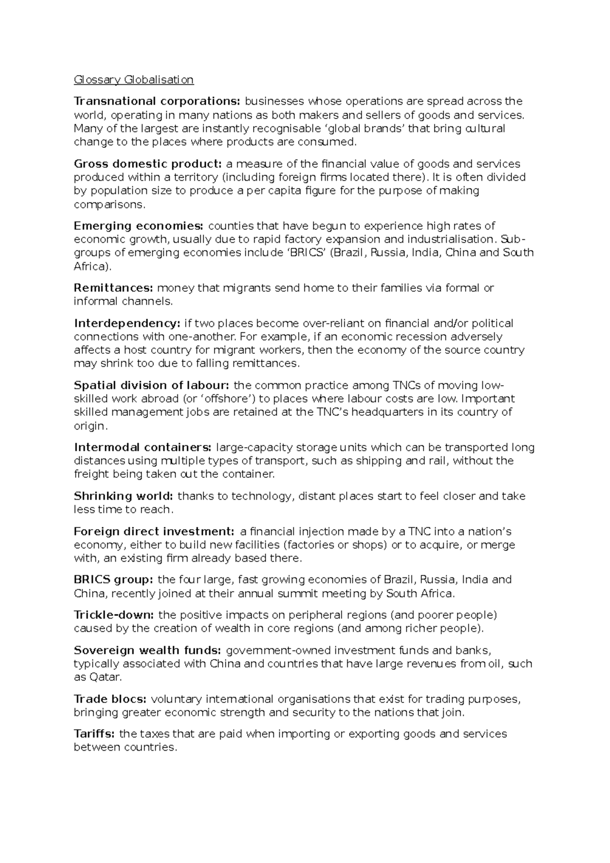 Glossary Globalisation - Glossary Globalisation Transnational ...