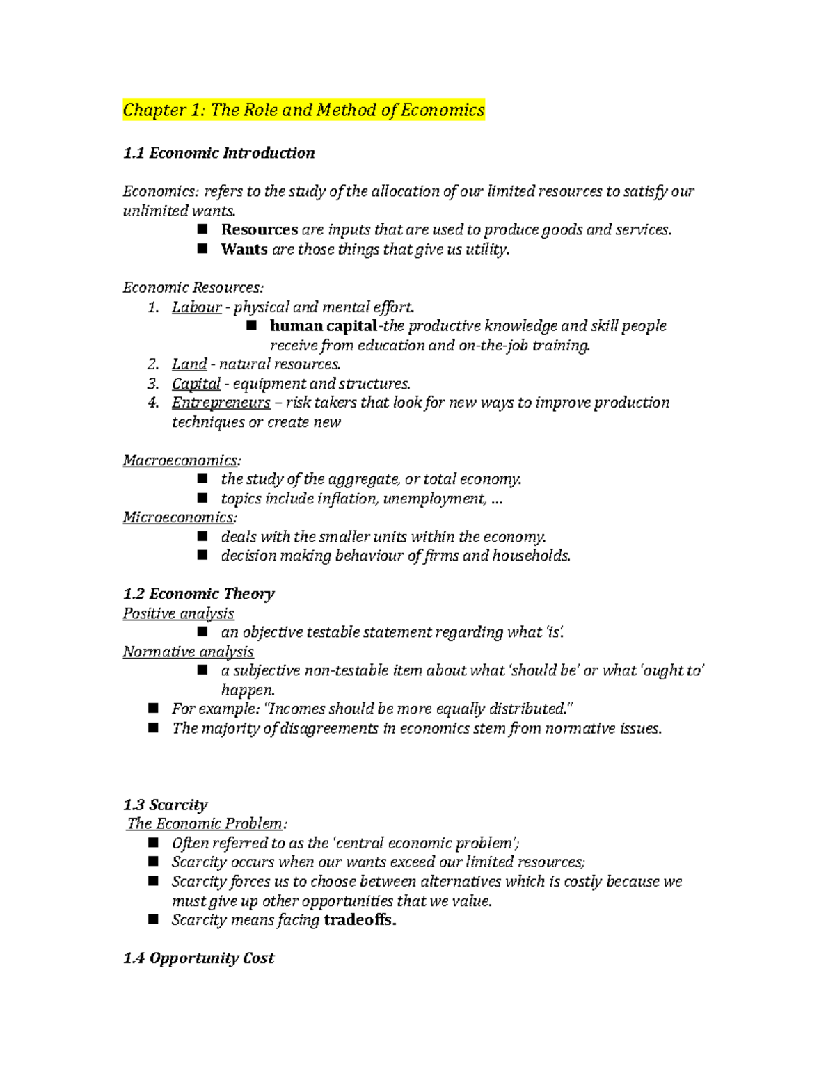 Chapter 1 notes - Summary Microeconomics - Chapter 1: The Role and ...